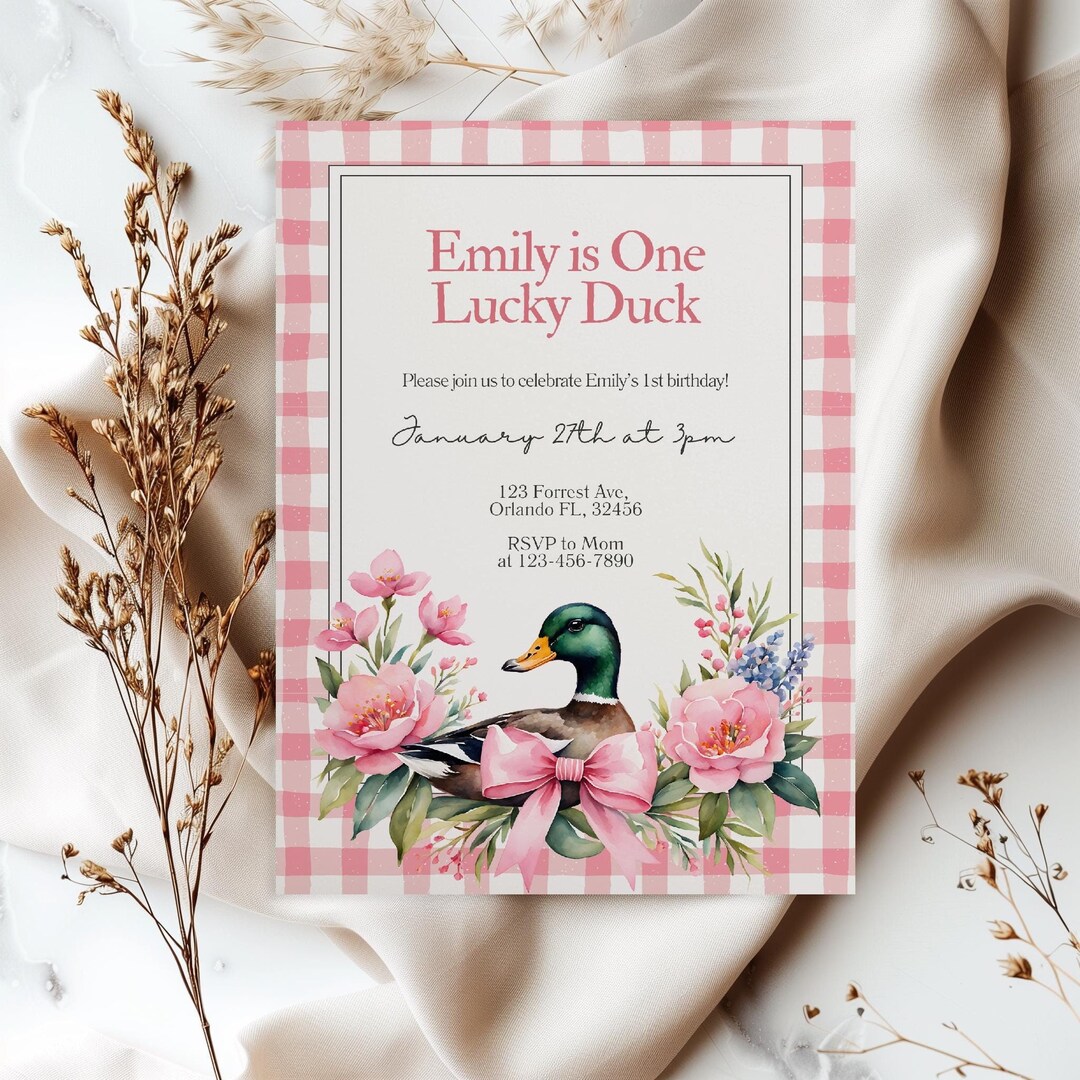 One Lucky Duck Birthday Invitation Template,editable Girl 1st Birthday ...