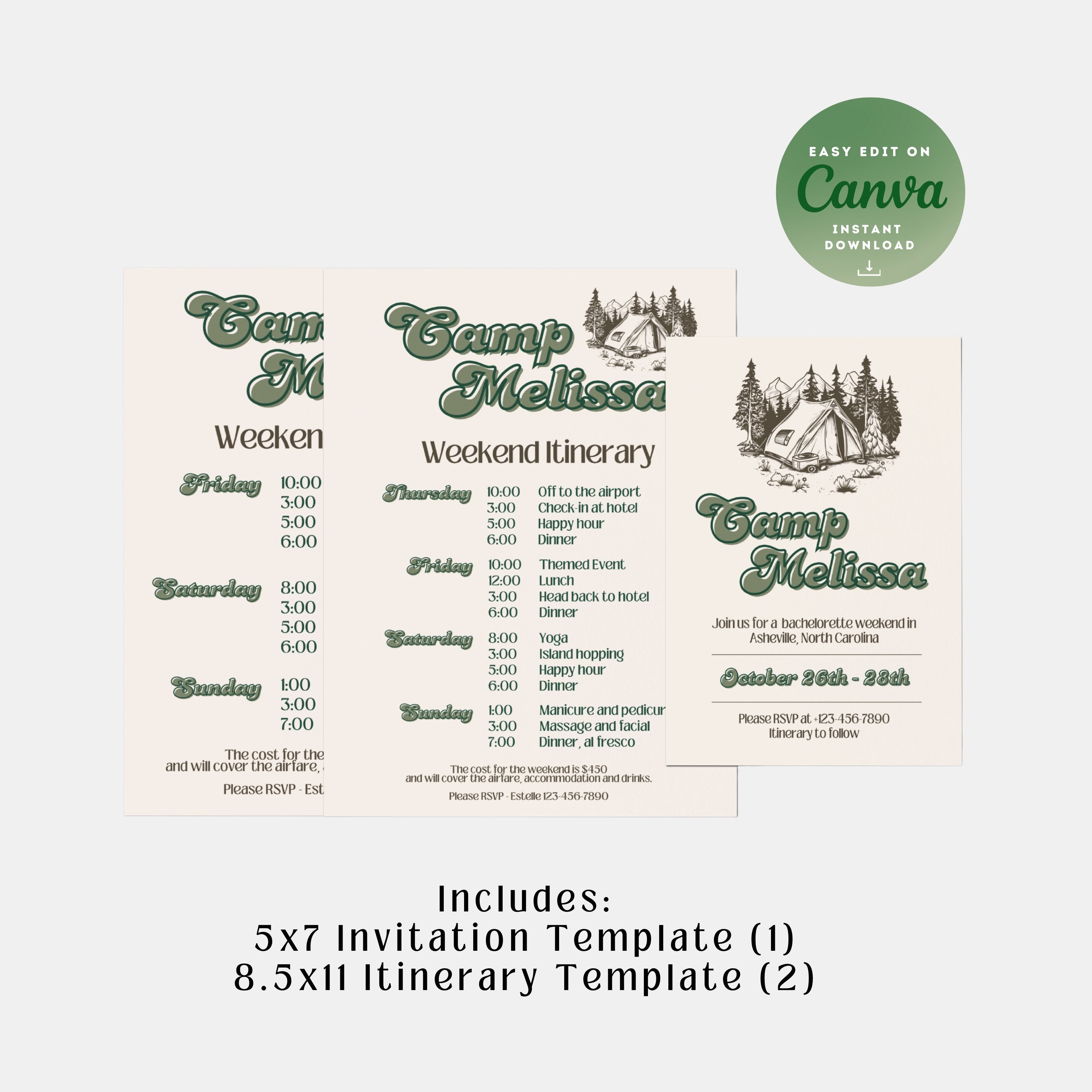 Camp Bachelorette Party Invitation and Itinerary Template Set, Summer ...