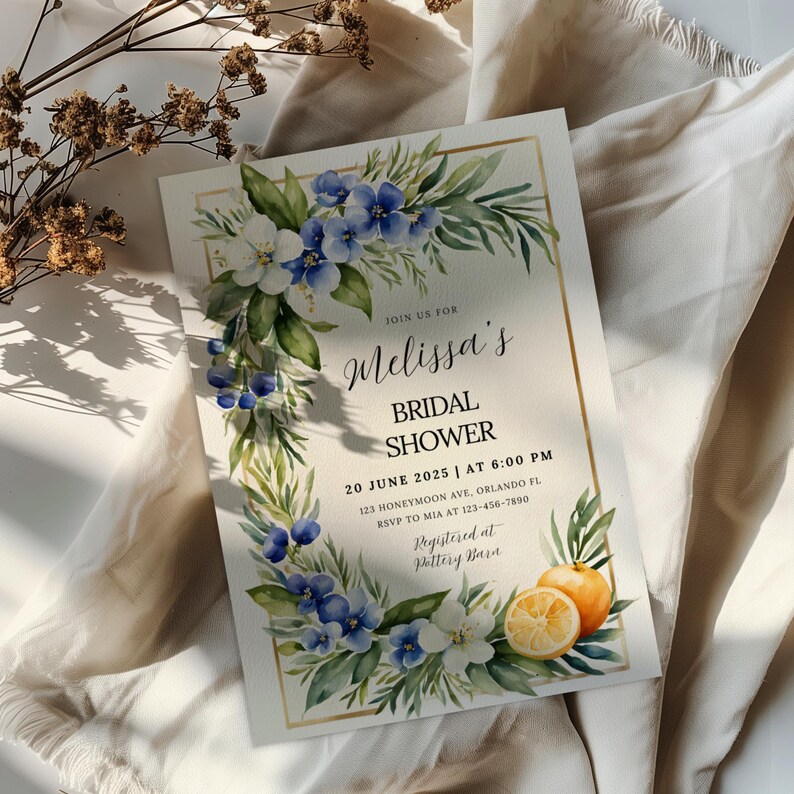 Mediterranean Bridal Shower Invitation, Editable Lemon Italian Citrus ...