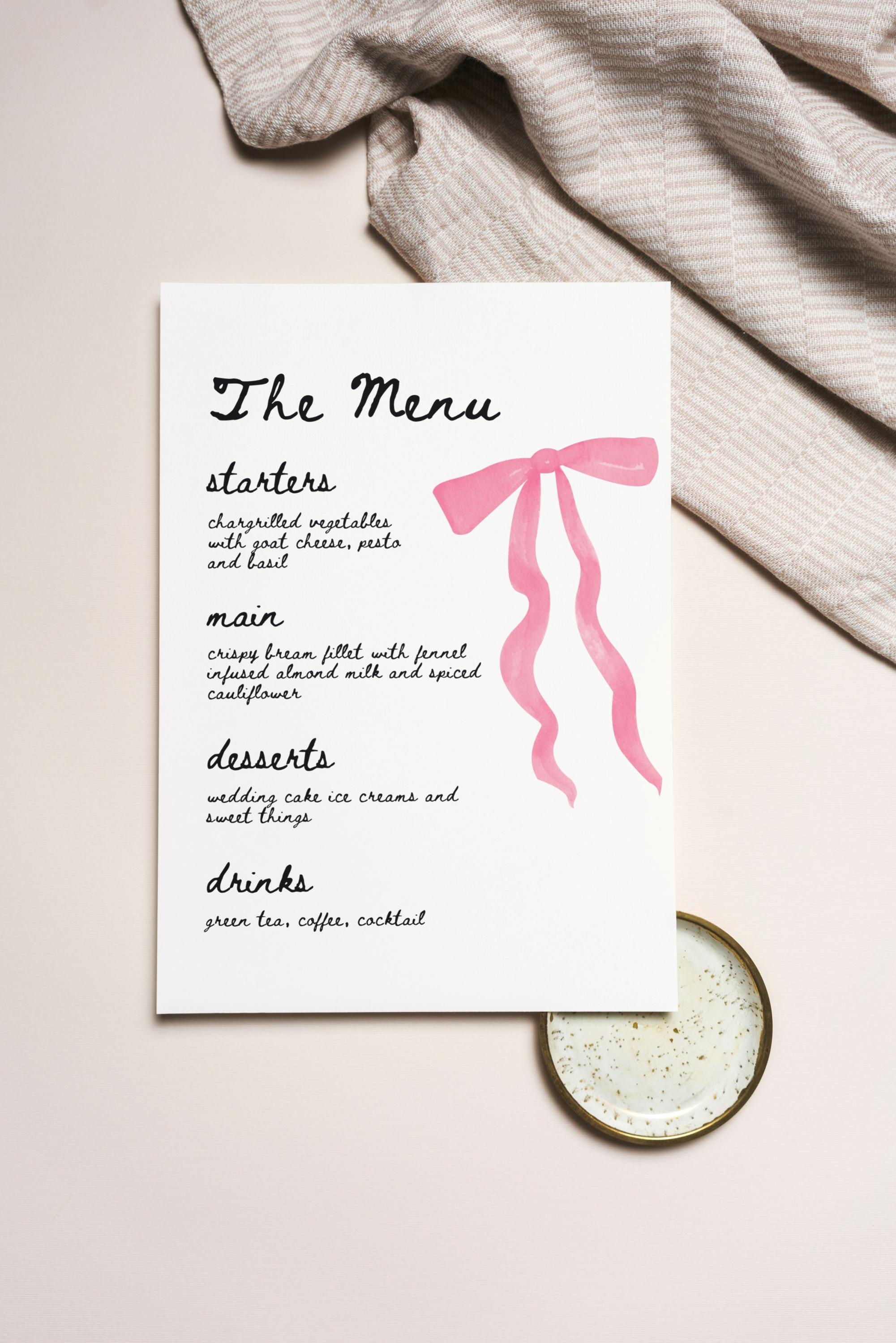 Editable Pink Ribbon Bow Menu Template,wedding/bridal Shower Menu ...