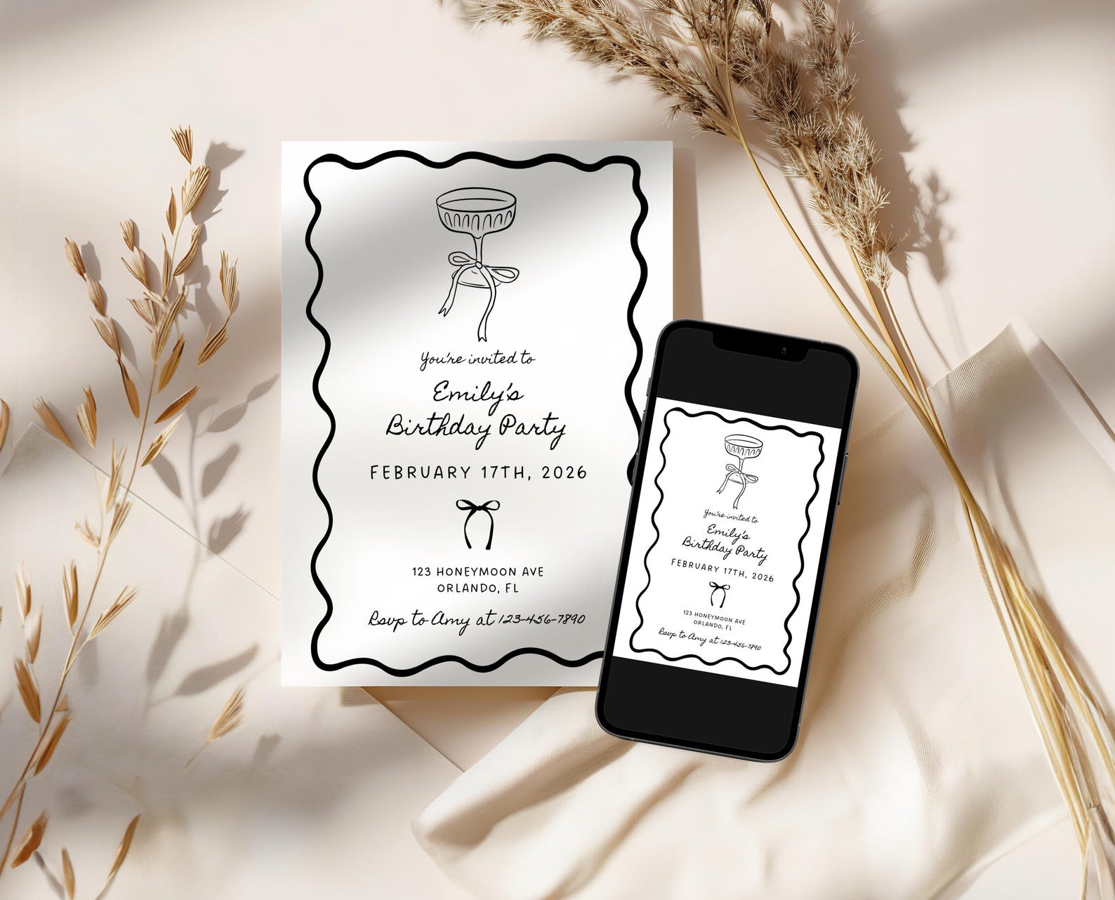 Wavy Birthday Party Invitation,hand Drawn Ribbon Bow Party Invitation ...