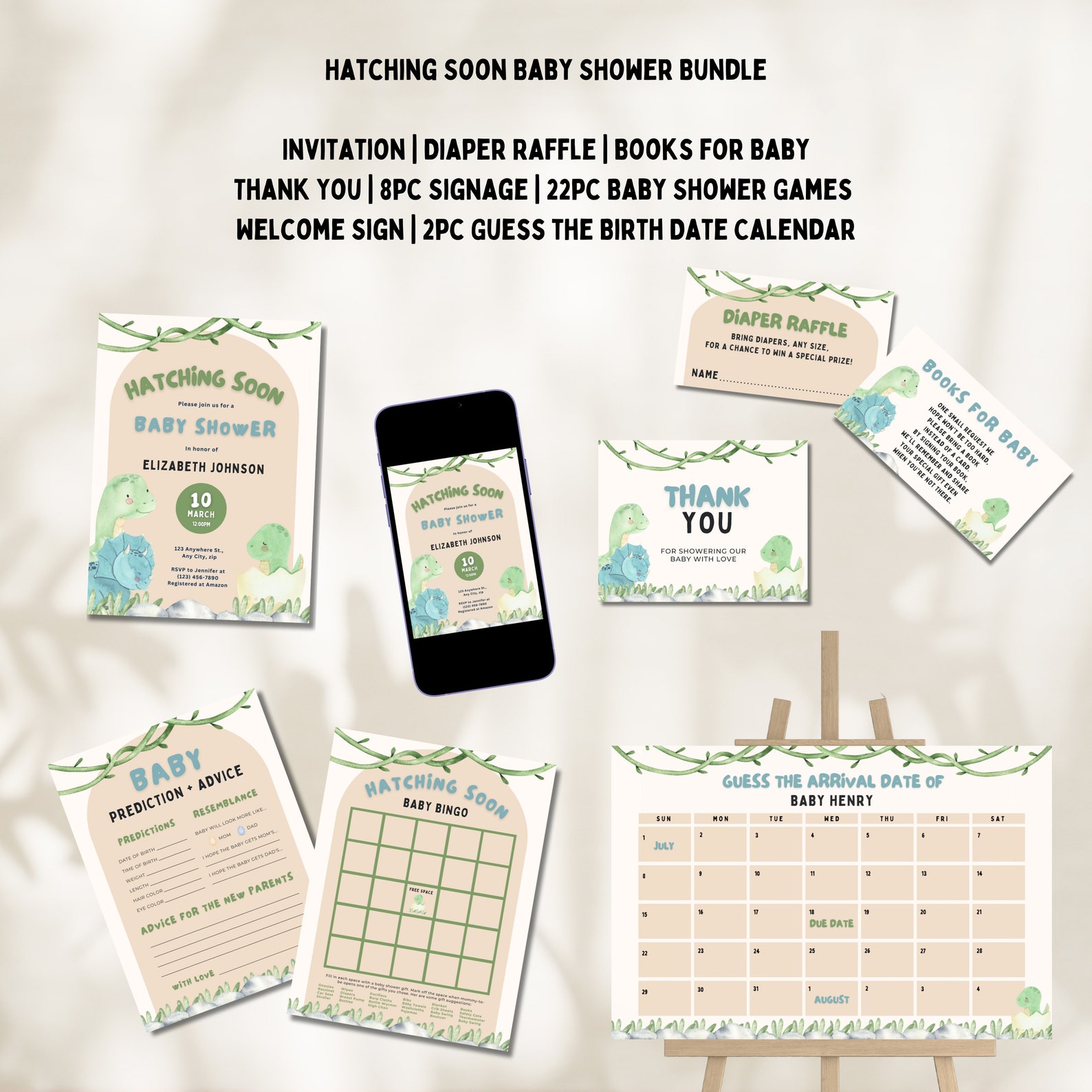 Dinosaur Baby Shower Bundle, Dino Hatching Soon Baby Shower Evite, Baby ...