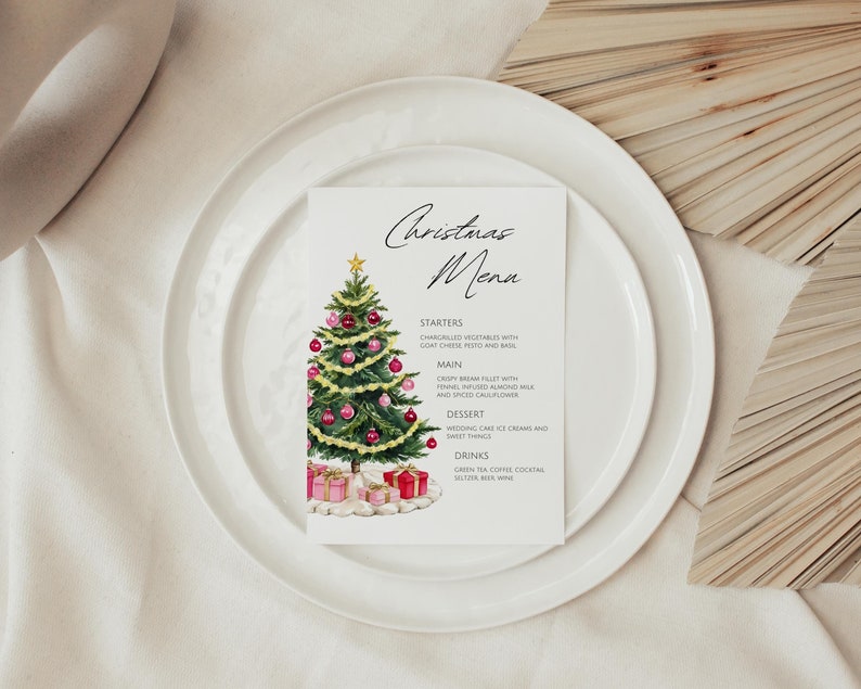 Editable Pink Christmas Dinner Menu Template,vintage Christmas Tree ...