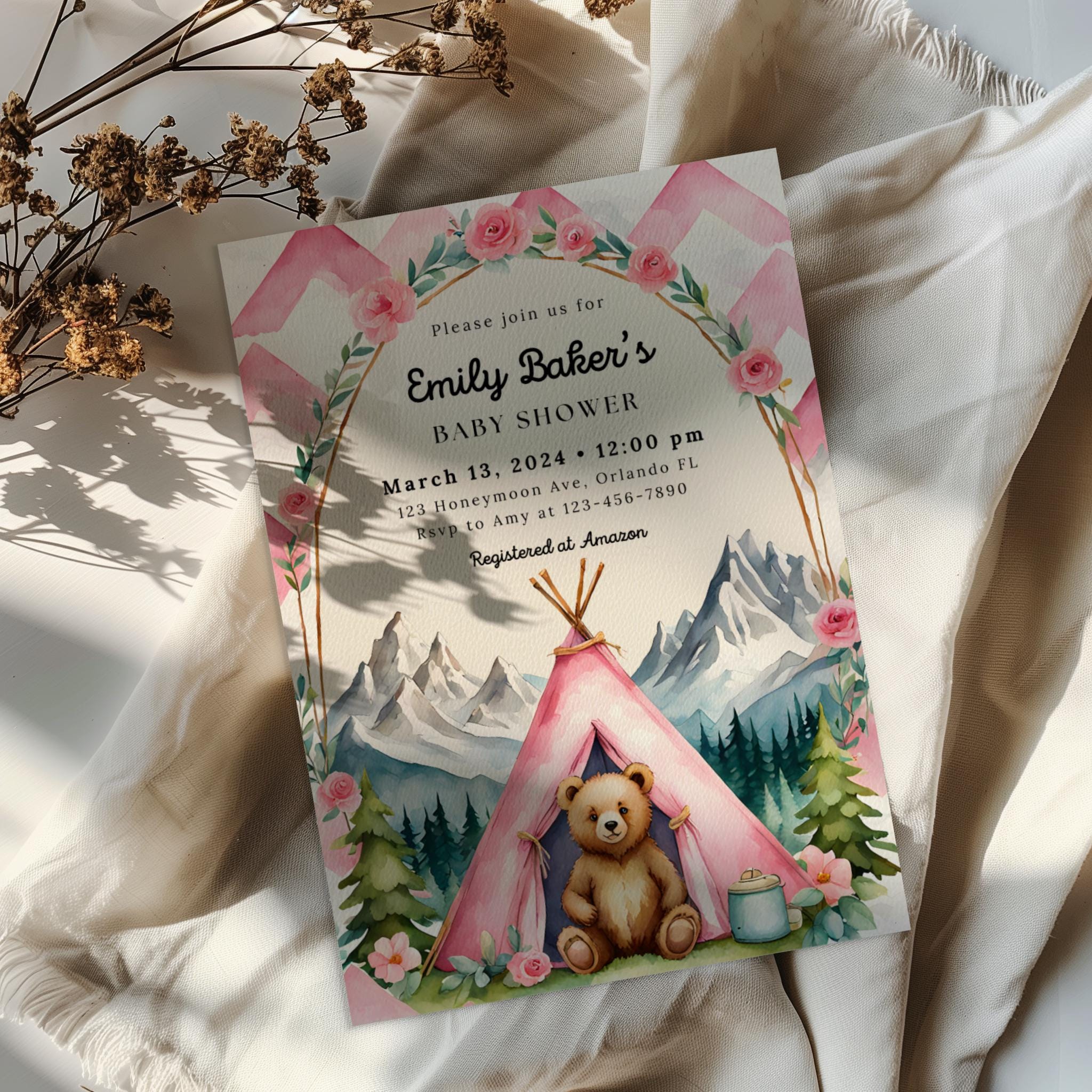 Editable Girl Camping Baby Shower Invitation,little Camper Baby Shower ...