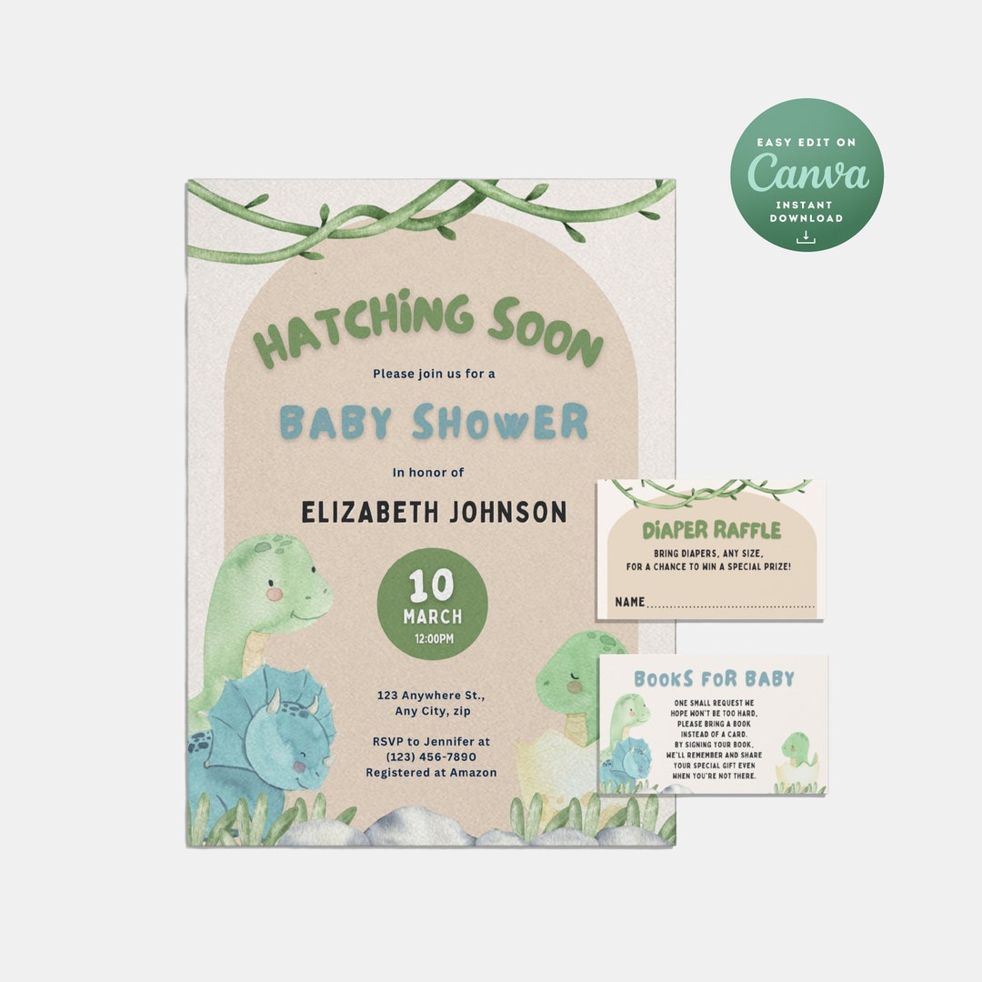 Hatching Soon Baby Shower Invitation Set,dinosaur Baby Shower,neutral ...