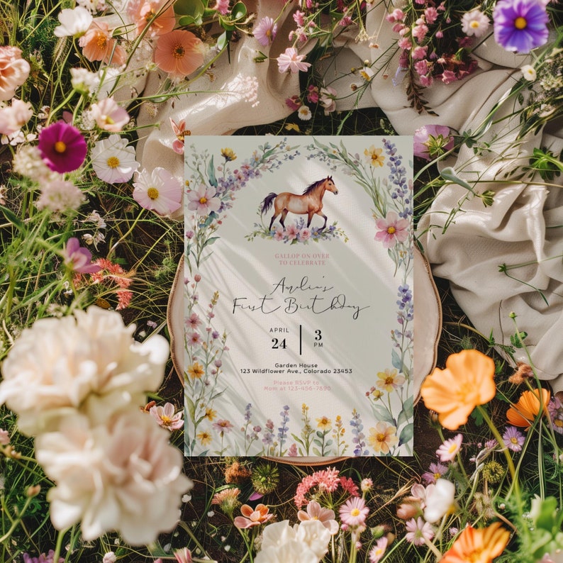 Horse Birthday Invitation Template,editable Gallop on Over Girl 1st ...