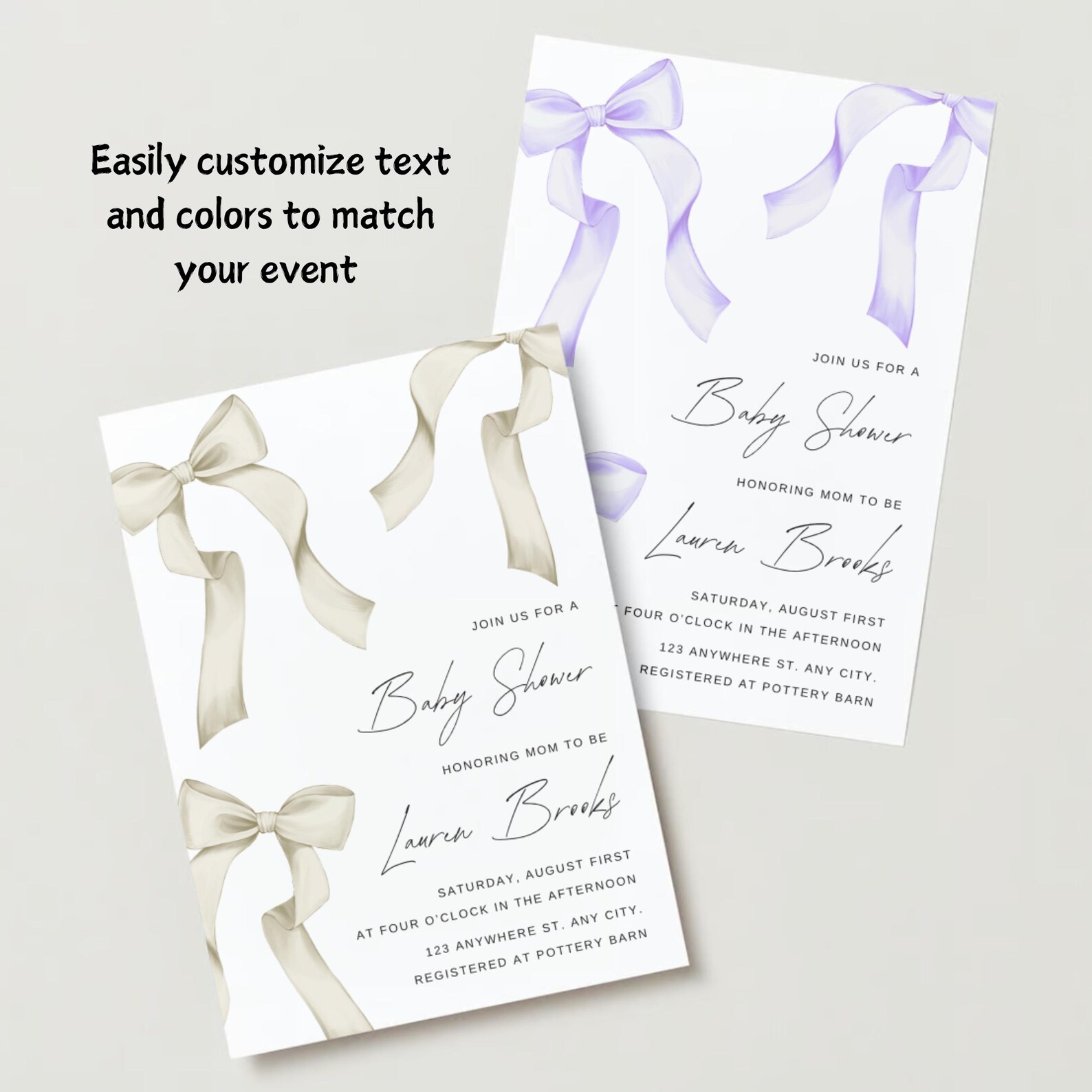 EDITABLE Beige Bow Baby Shower Invitation,gender Neutral Baby Shower ...