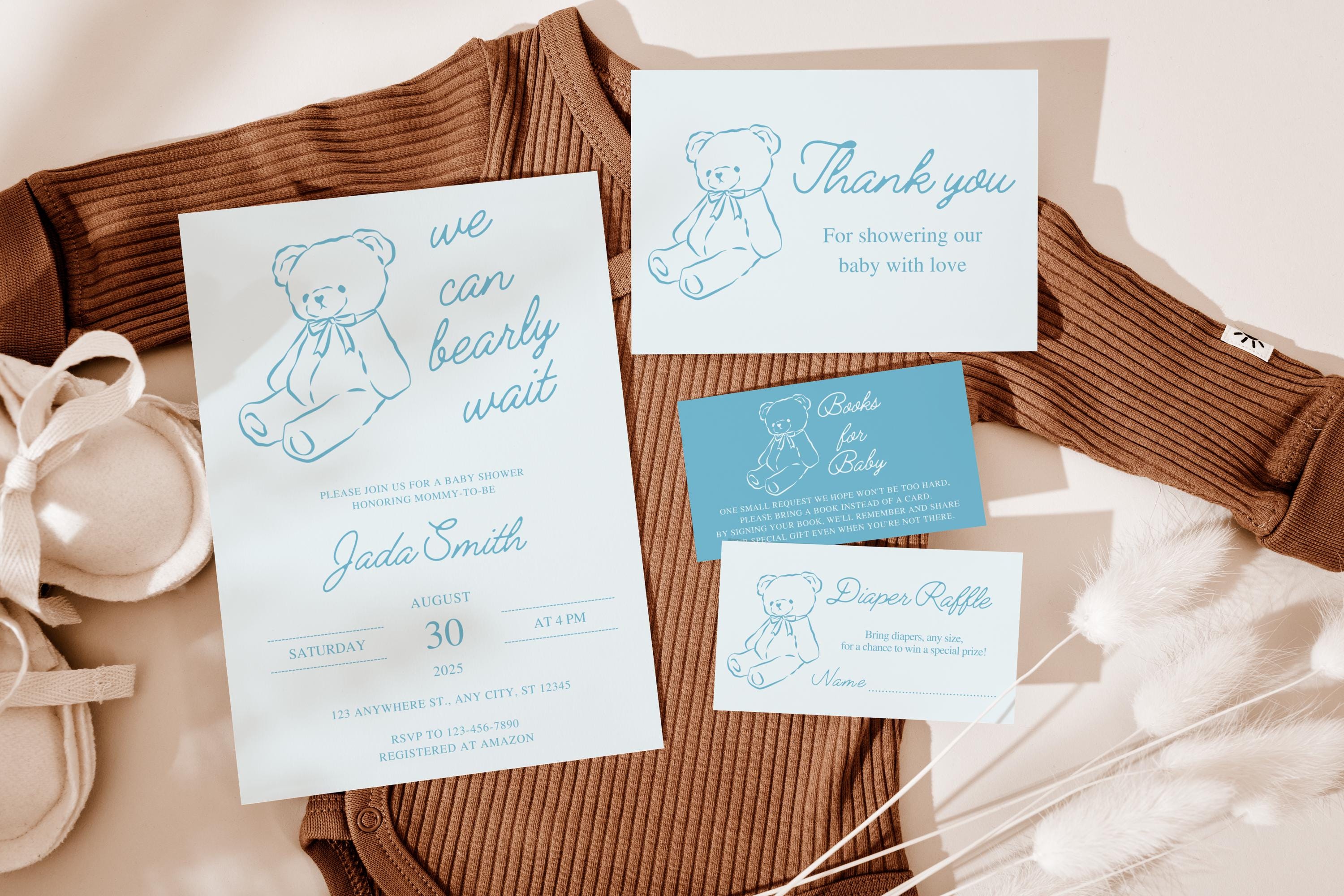 Editable Blue Bear Baby Shower Invitation Template, We Can Bearly Wait ...