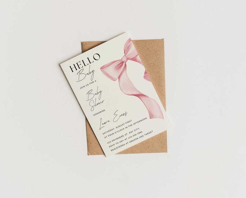 Invitación editable para baby shower con lazo rosa Hello Baby, baby ...