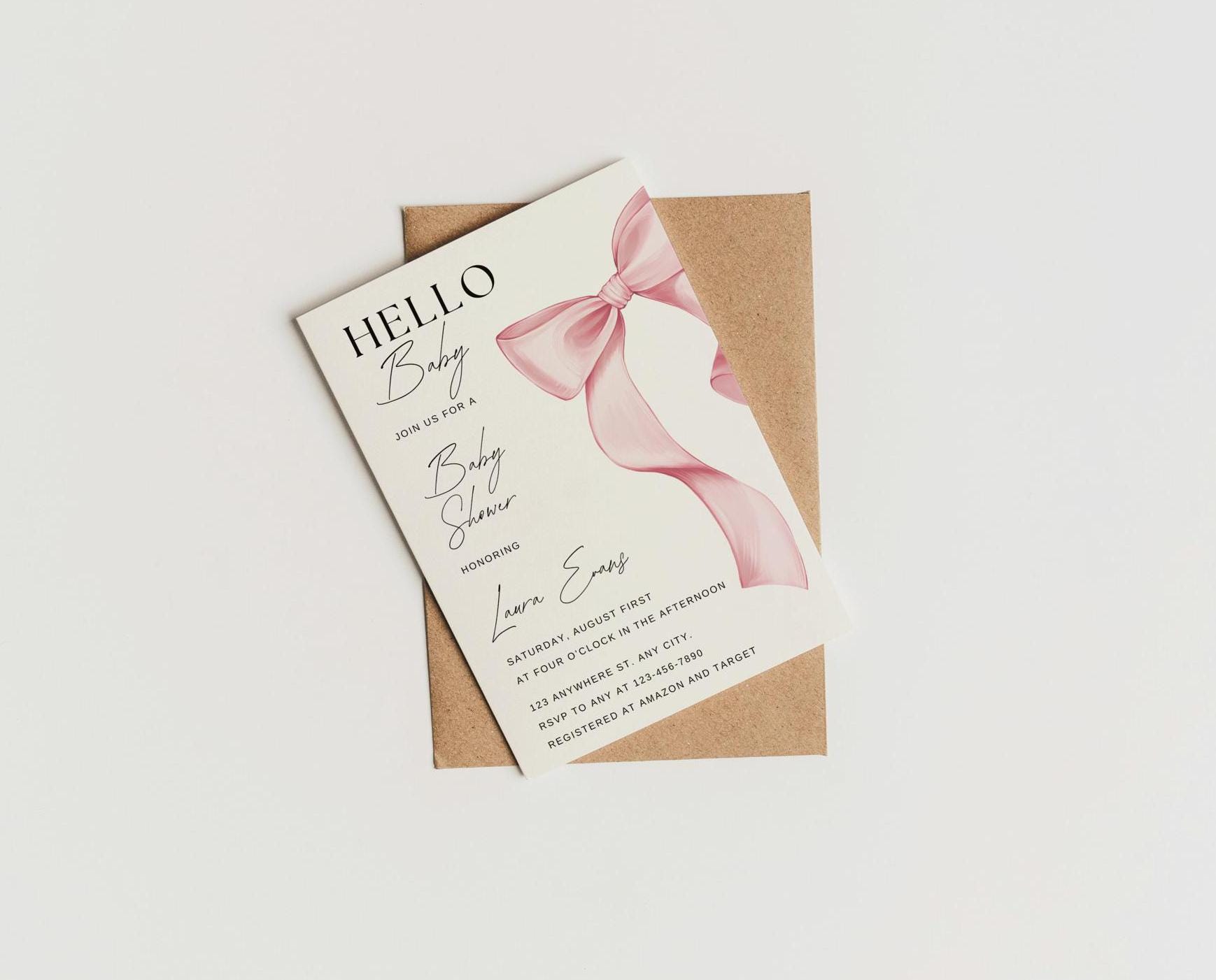 EDITABLE Hello Baby Pink Bow Baby Shower Invitation,coquette Baby ...