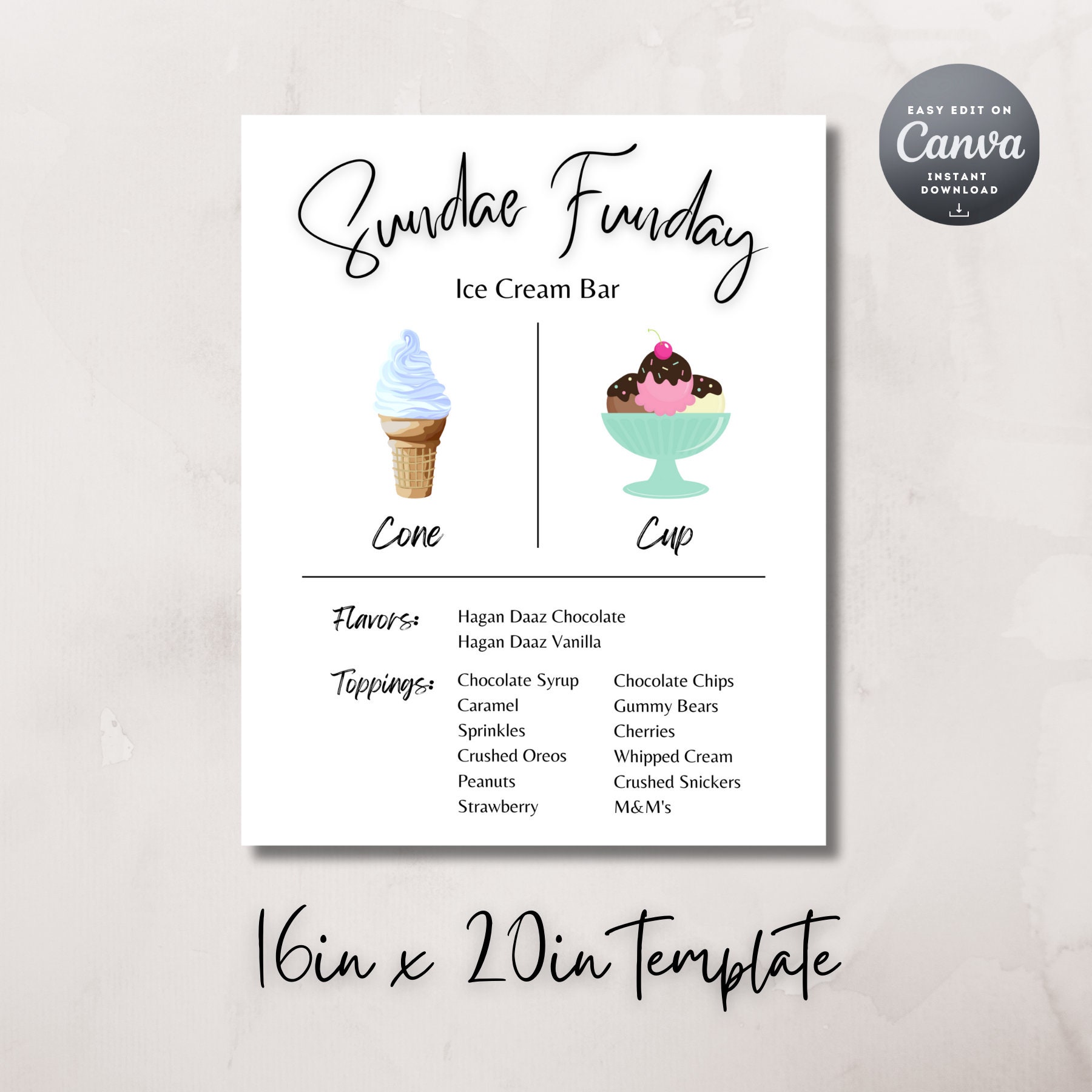 Ice Cream Sundae Menu,minimalist Sundae Funday, Wedding Birthday Event ...