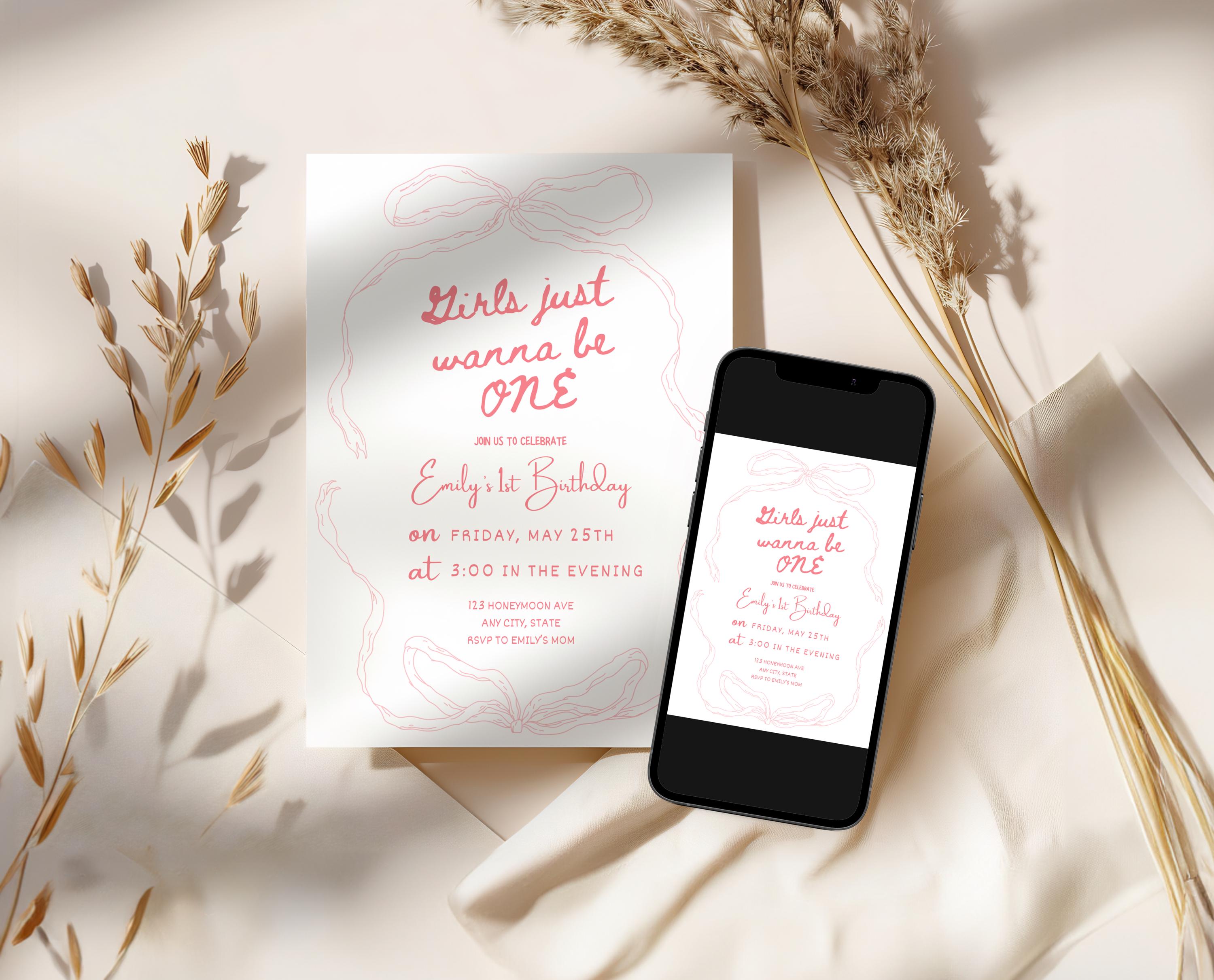 Editable Pink Bow Birthday EDITABLE Invitation,girls Just Want to Be ...