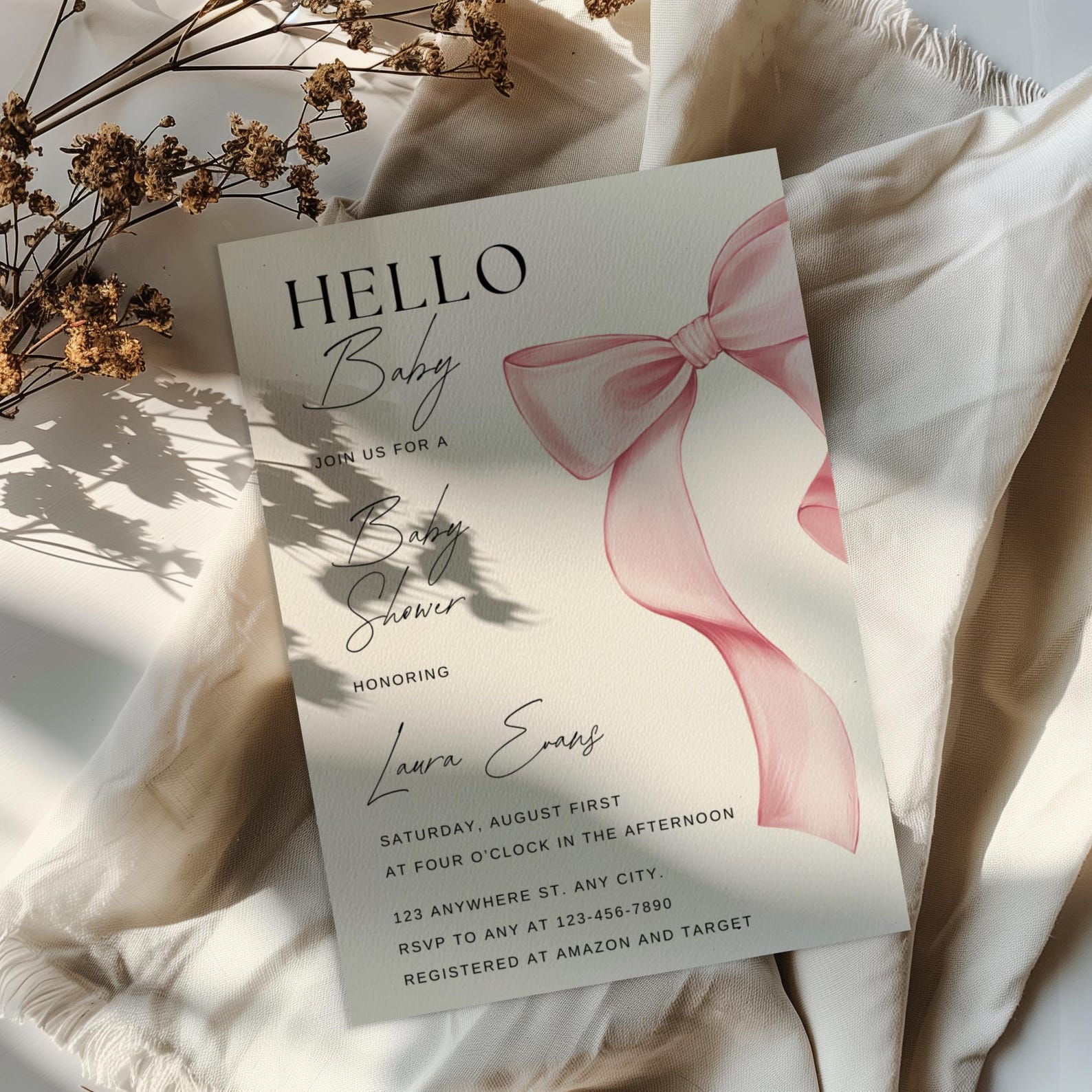 EDITABLE Hello Baby Pink Bow Baby Shower Invitation,coquette Baby ...