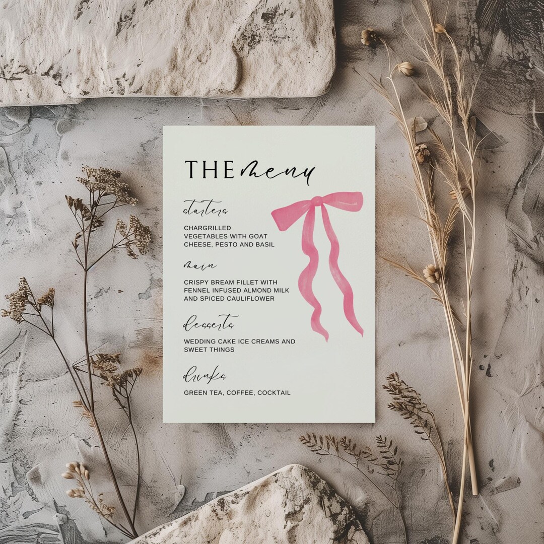 Editable Pink Ribbon Bow Menu Template,wedding/bridal Shower Menu ...