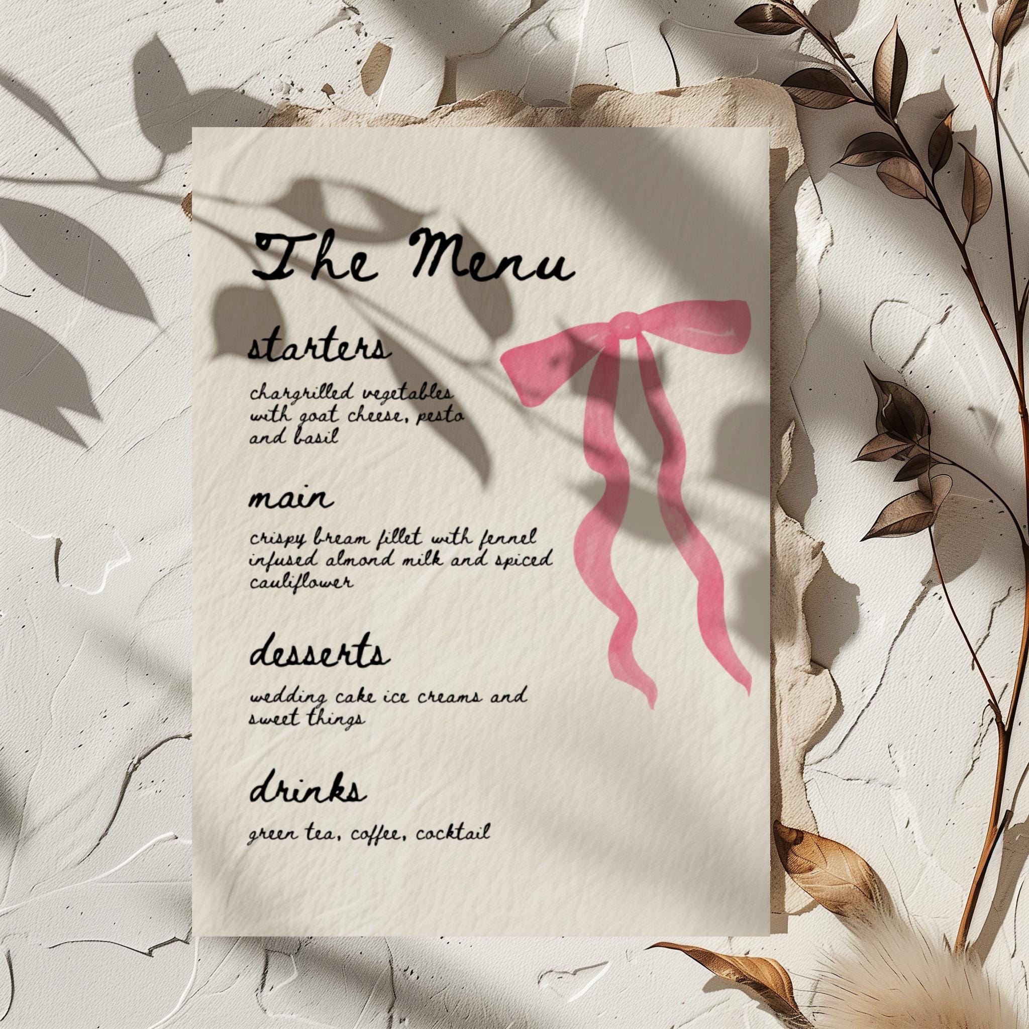Editable Pink Ribbon Bow Menu Template,wedding/bridal Shower Menu ...