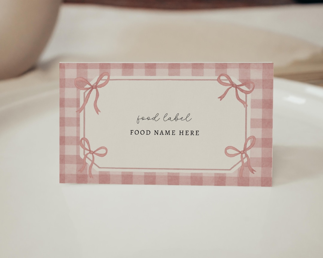 Dusty Pink Gingham Bow Food Labels, Foldable Tent Cards Template ...