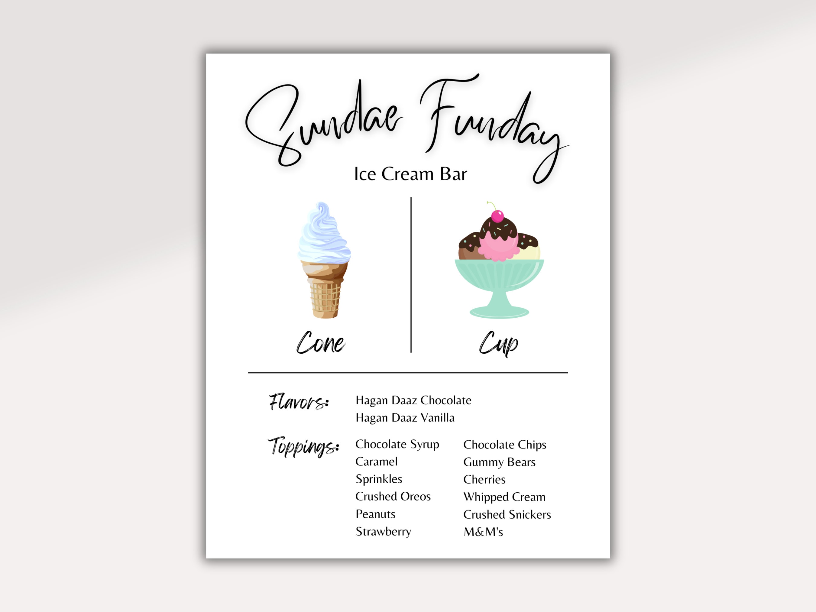 Ice Cream Bar Menu Editable Template, Sundae Minimalist Menu Printable ...