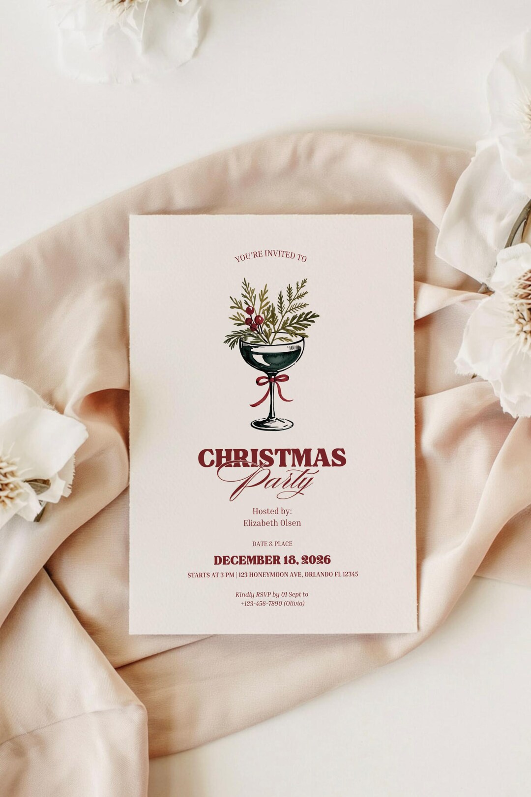 Christmas Cocktail Party Invitation, Retro Coupe Champagne Glass ...