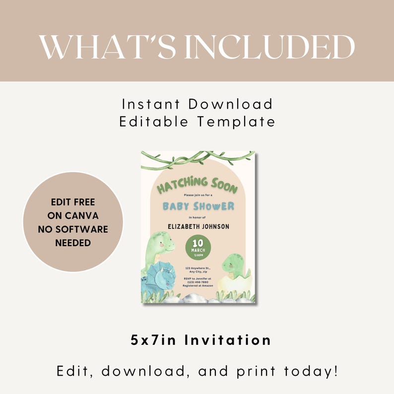 Editable Dinosaur Baby Shower Invitation,hatching Soon, Baby Dinosaur ...