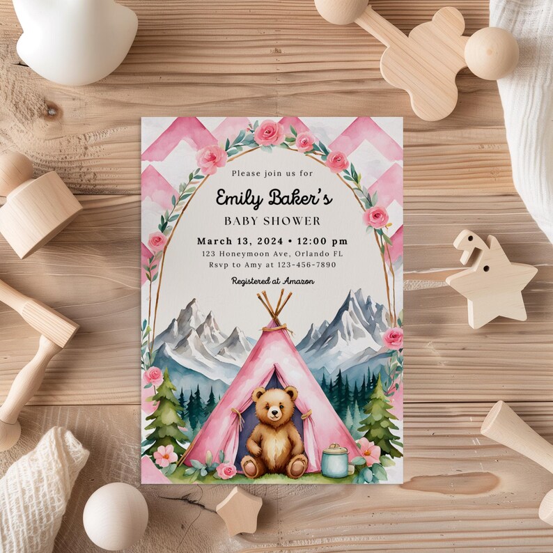 Editable Girl Camping Baby Shower Invitation,little Camper Baby Shower ...