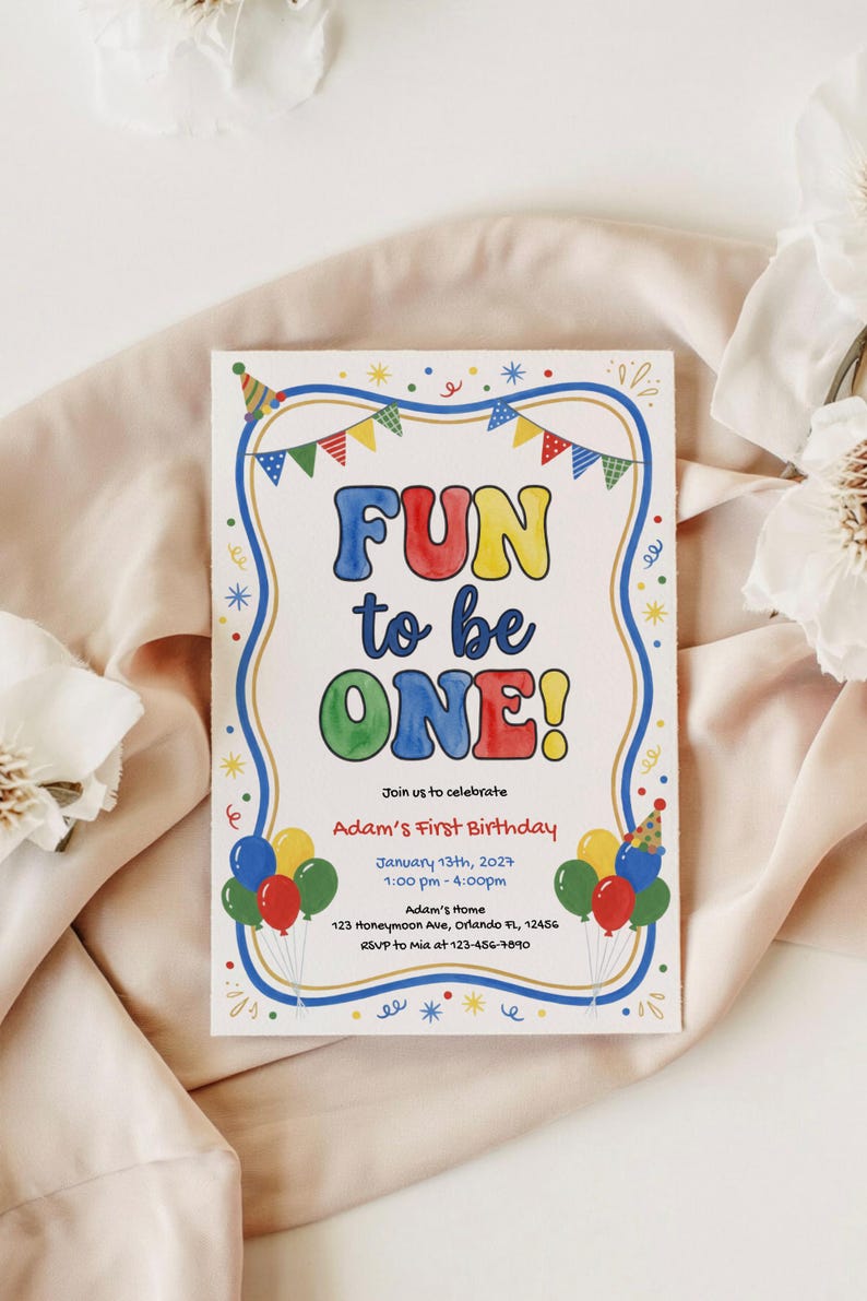 Fun to Be One 1st Birthday Invitation Template, Colorful Watercolor ...
