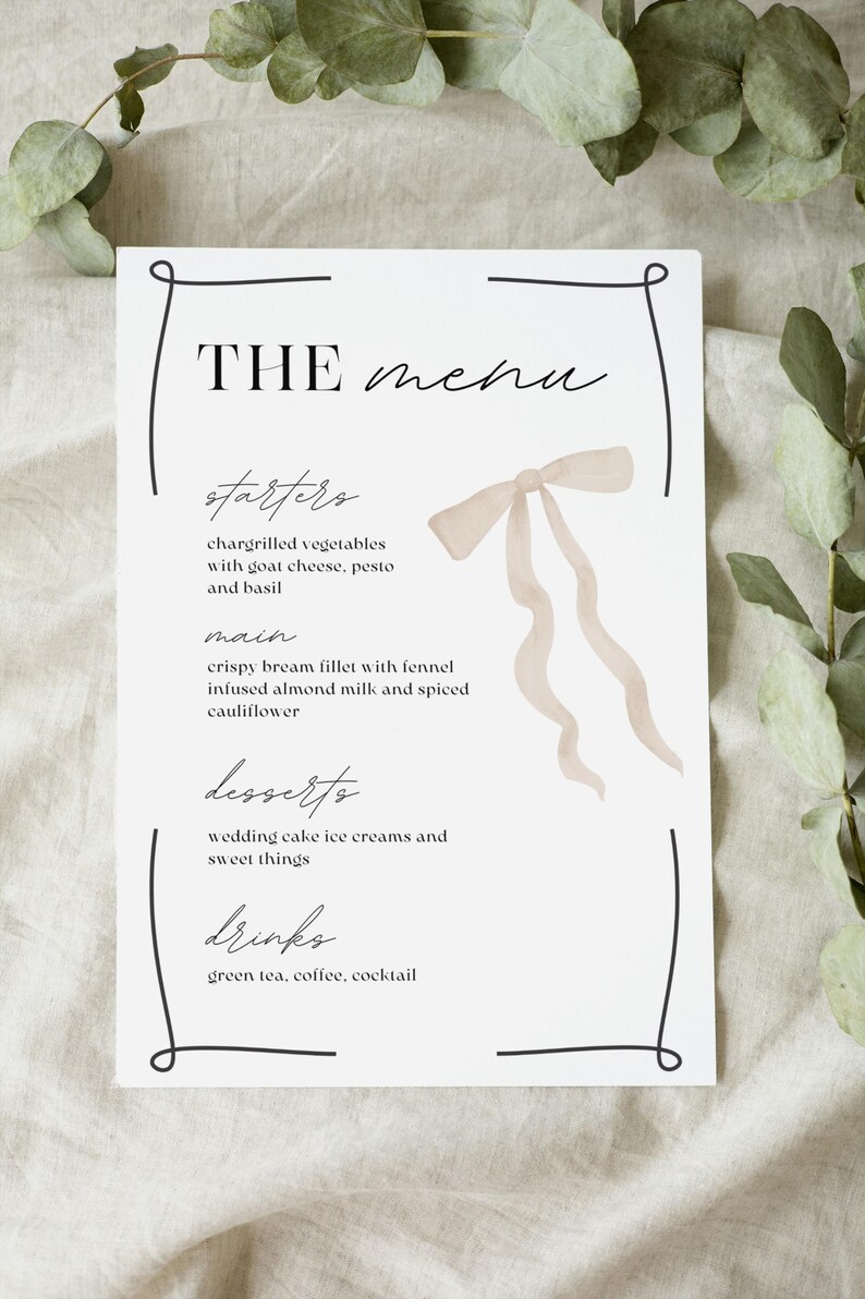 Beige Ribbon Bow Menu Template,wedding/bridal Shower Menu,printable ...