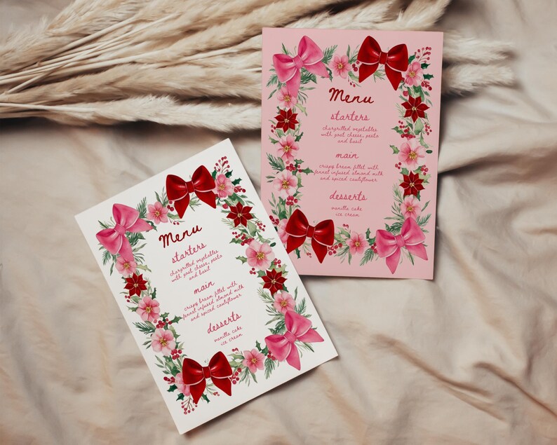 Editable Christmas Dinner Menu Template,girlsmas Vintage Pink Red Bow ...