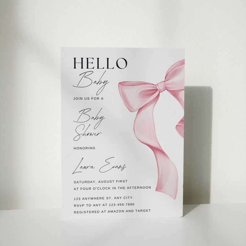 Invitación editable para baby shower con lazo rosa Hello Baby, baby ...