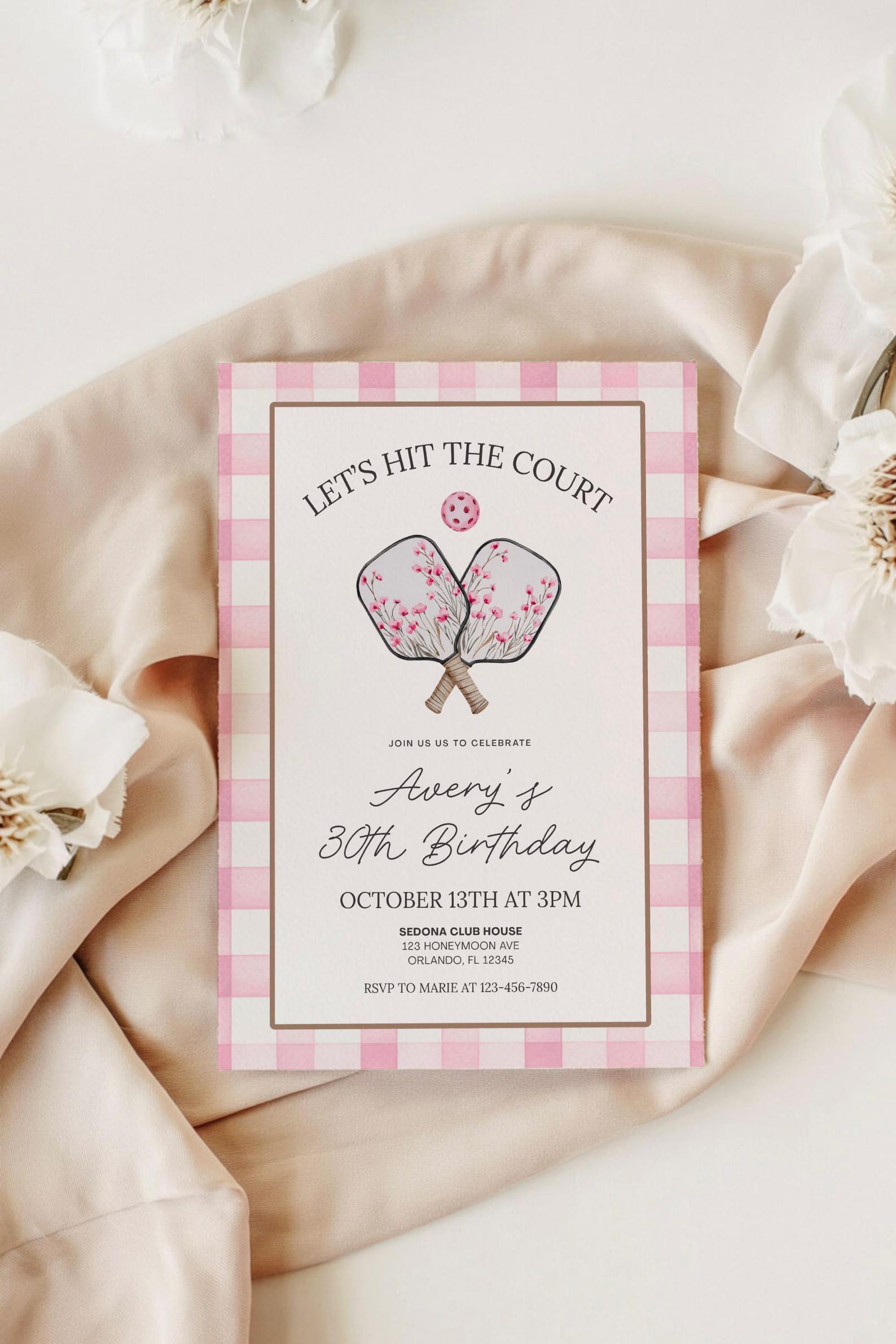 Pickleball Birthday Invitation Template,pink Gingham Paddle Editable ...
