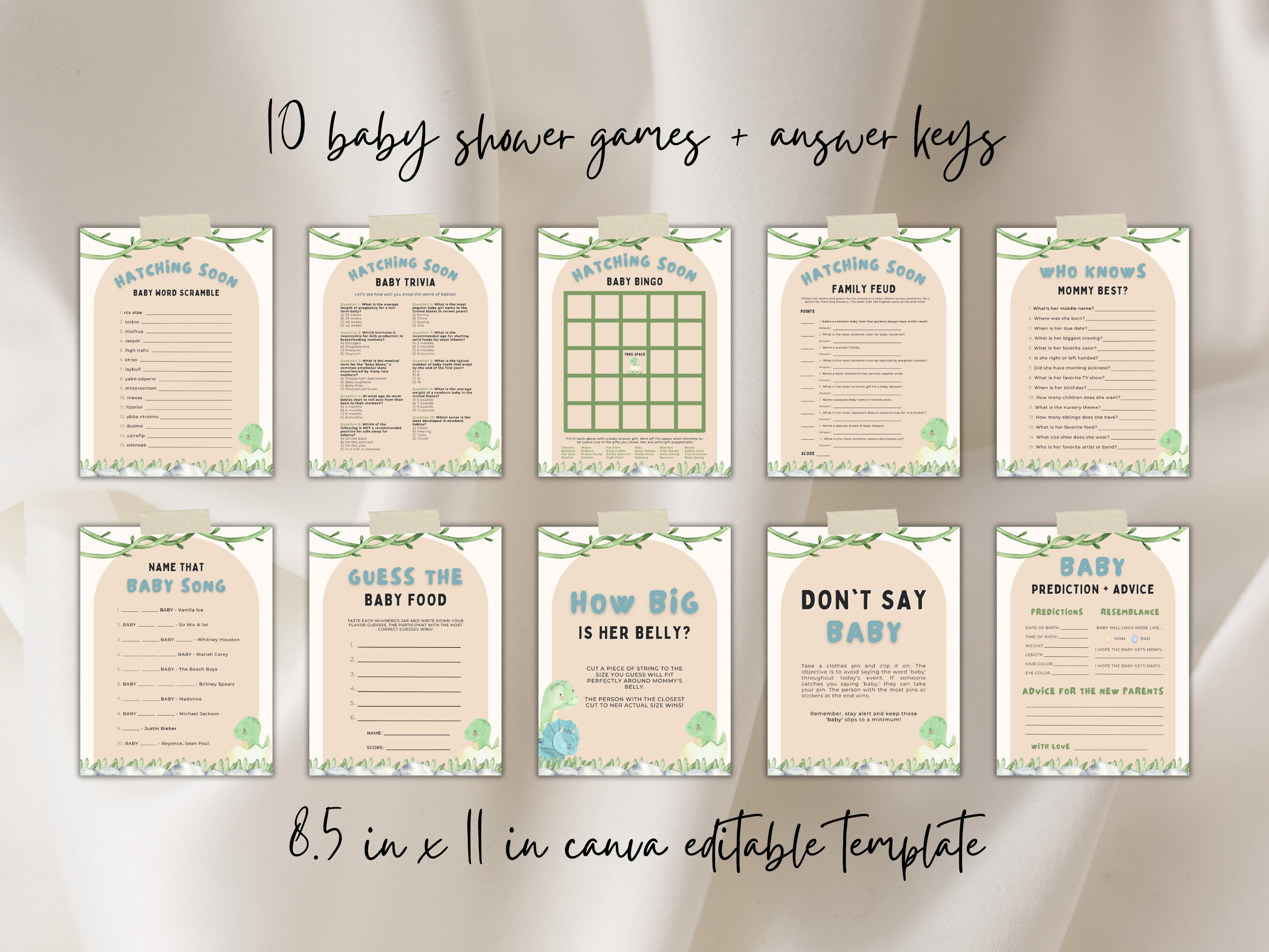Dinosaur Baby Shower Games Bundle, Hatching Soon,baby Trivia Printable ...