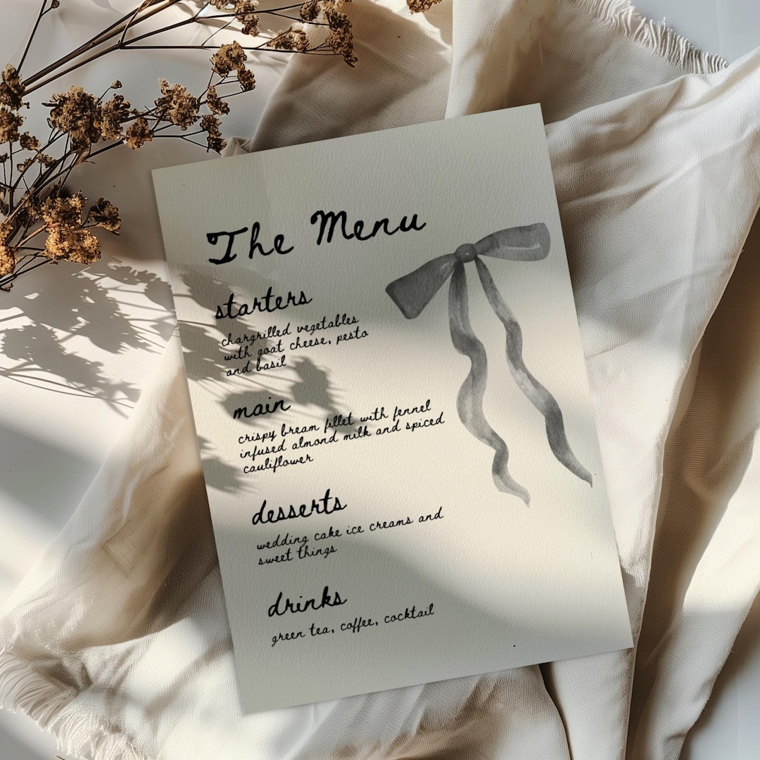 Black Ribbon Bow Menu Template,wedding/bridal Shower Menu,printable ...