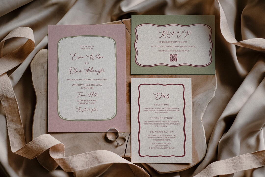 Wavy Border Wedding Invitation Suite, Modern Curvy Frame, Sage Blush ...