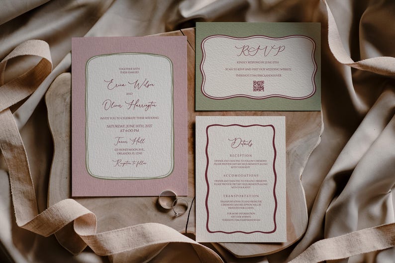Wavy Border Wedding Invitation Suite, Modern Curvy Frame, Sage Blush ...