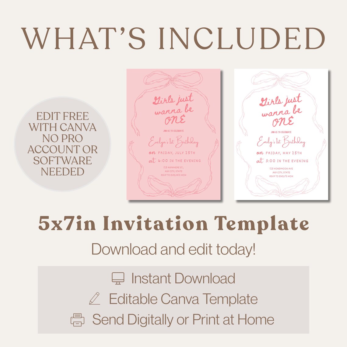 Editable Pink Bow Birthday EDITABLE Invitation,girls Just Want to Be ...