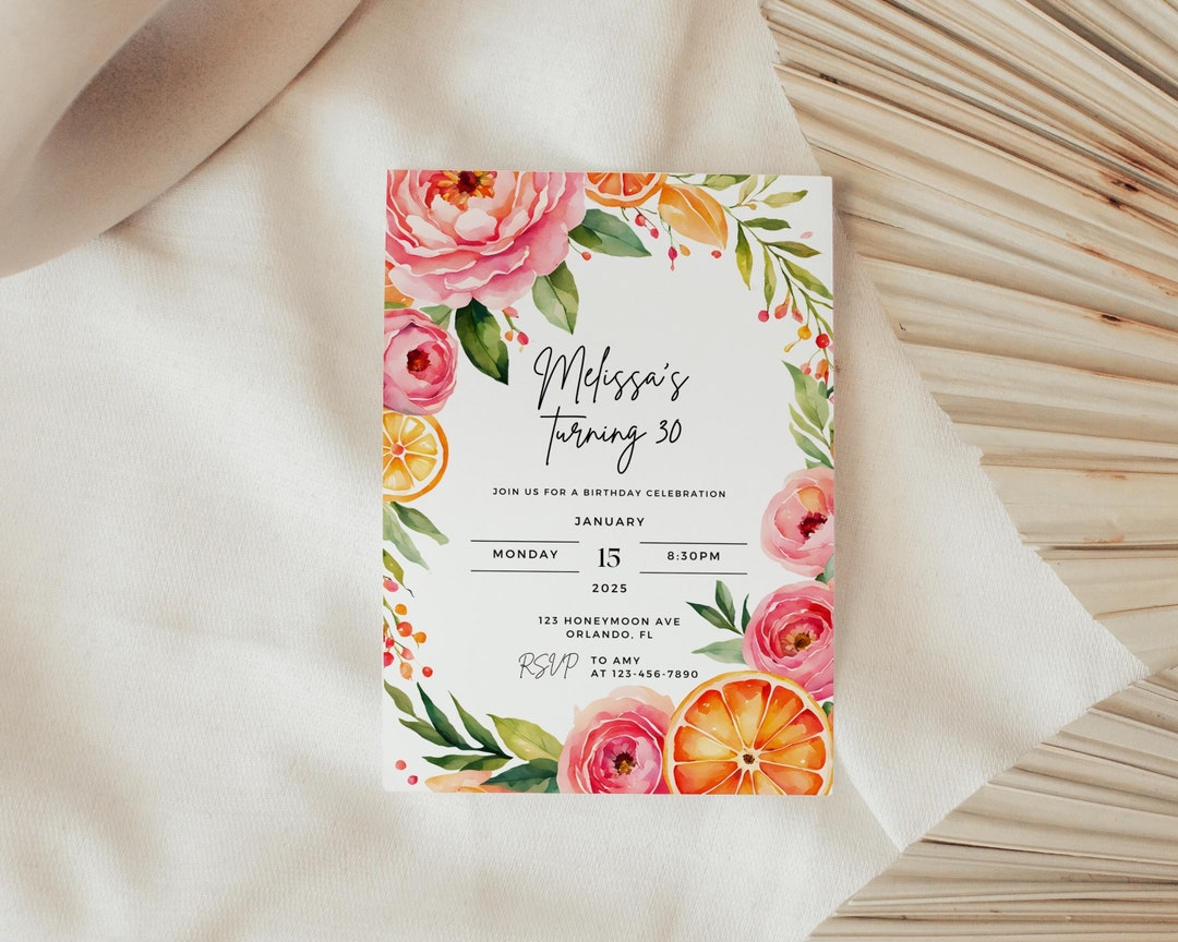 Editable Citrus Birthday Invitation Template, Bright Floral Citrus ...