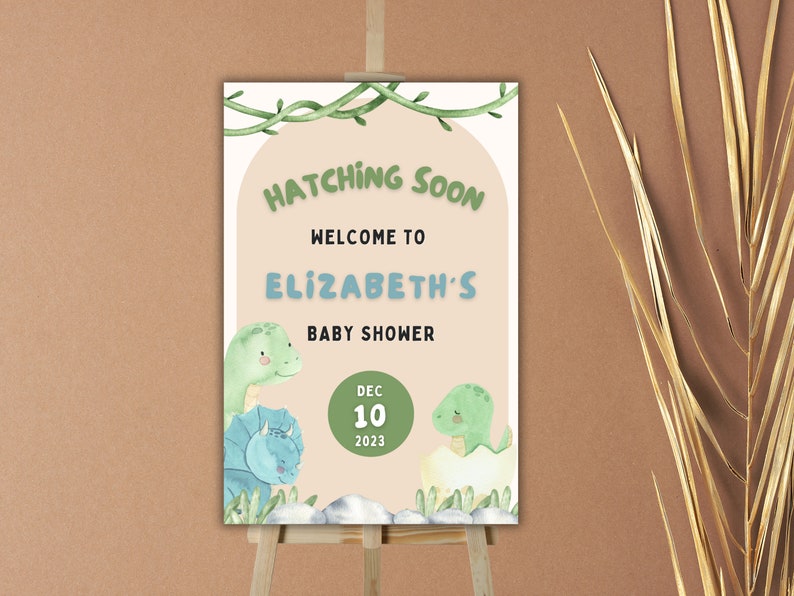 Hatching Soon Baby Shower Welcome Sign Template Dinosaur, Boho Baby ...