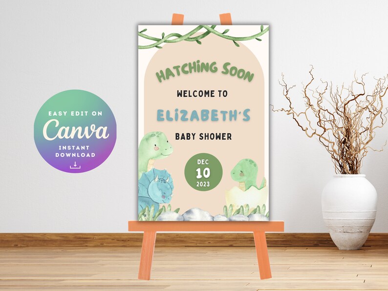 Hatching Soon Baby Shower Welcome Sign Template Dinosaur, Boho Baby ...