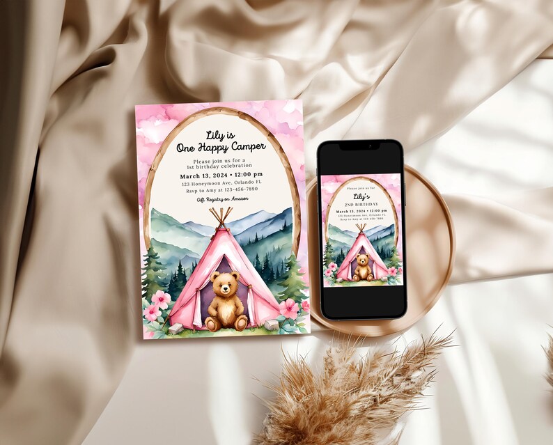 Girl's Camping Birthday Invitation,girls Campout Invitation,pink ...