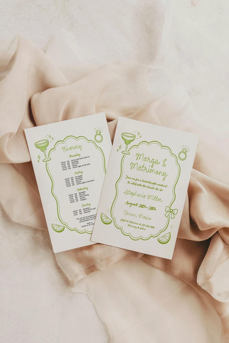 Margs and Matrimony Bachelorette Invitation & Itinerary Template ...