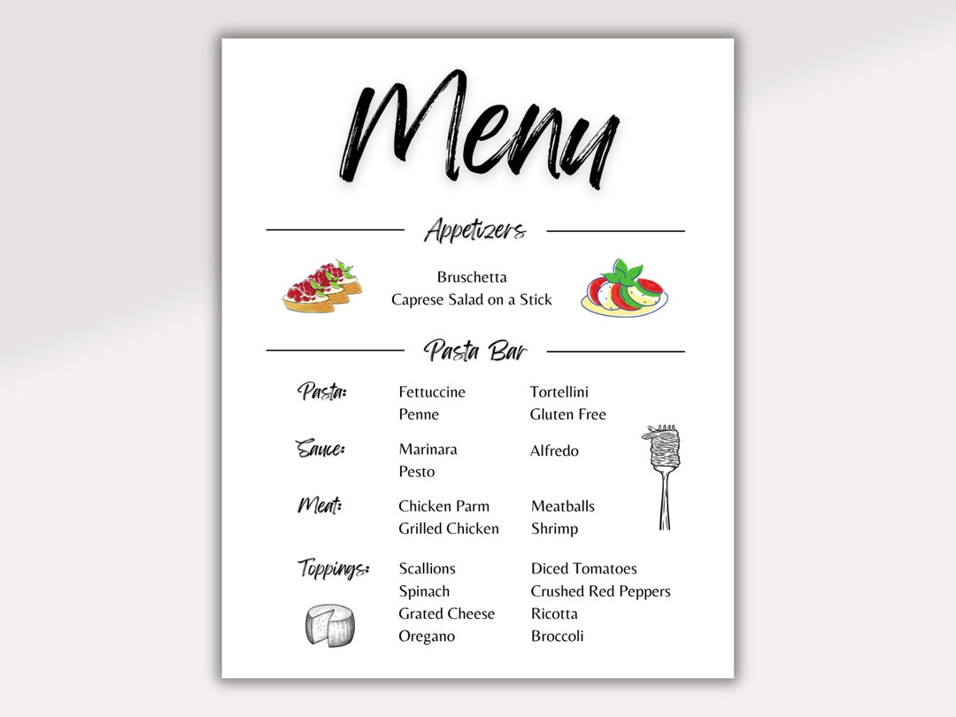 Pasta Bar Minimalist Menu Buffet Wedding Menu, Printable Menu, Canva ...