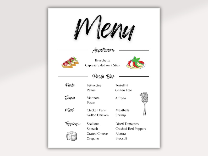 Pasta Bar Menu, Buffet Minimalist Wedding Menu,printable Menu,canva ...