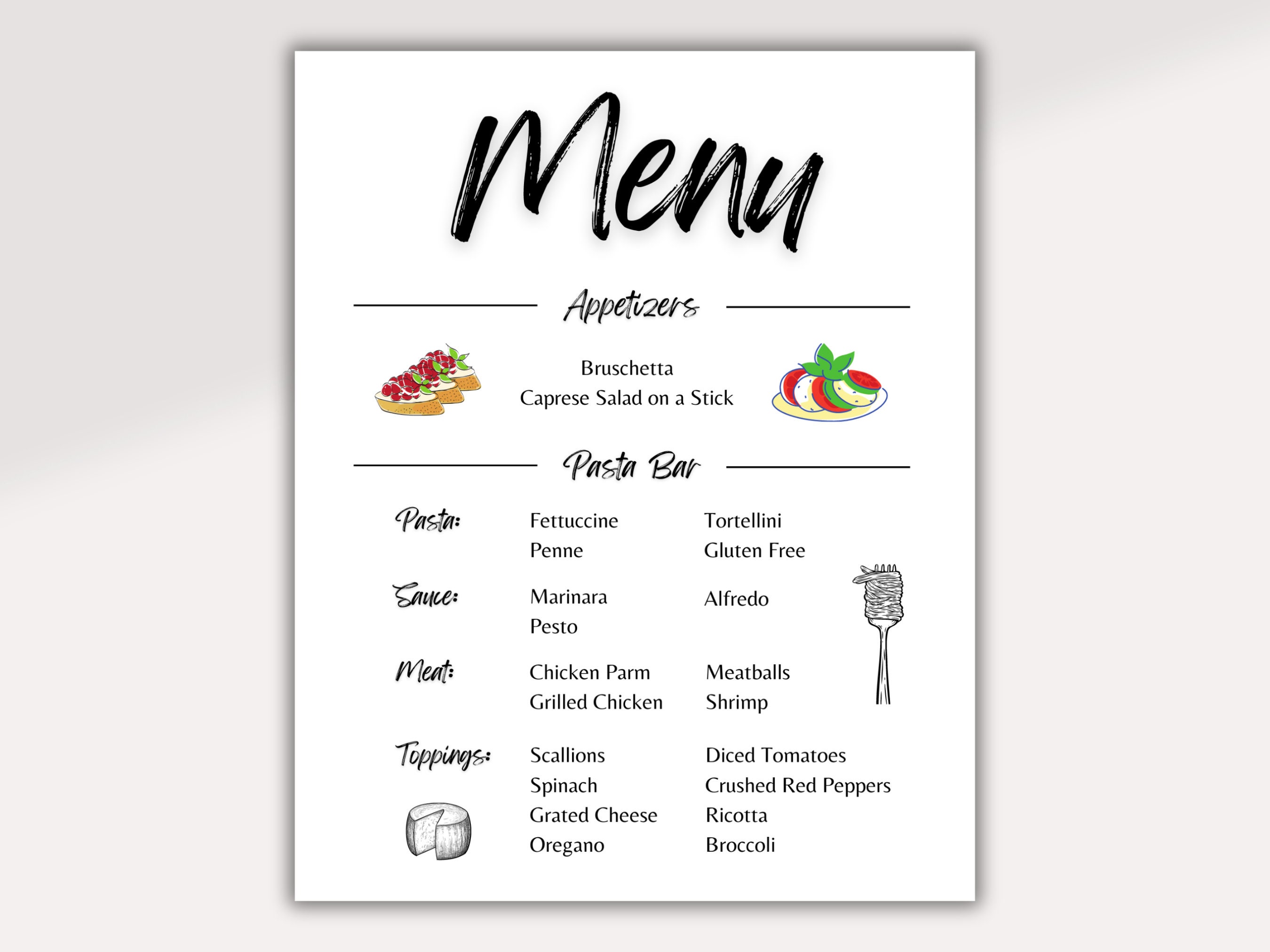 Pasta Bar Menu, Buffet Minimalist Wedding Menu,printable Menu,canva ...