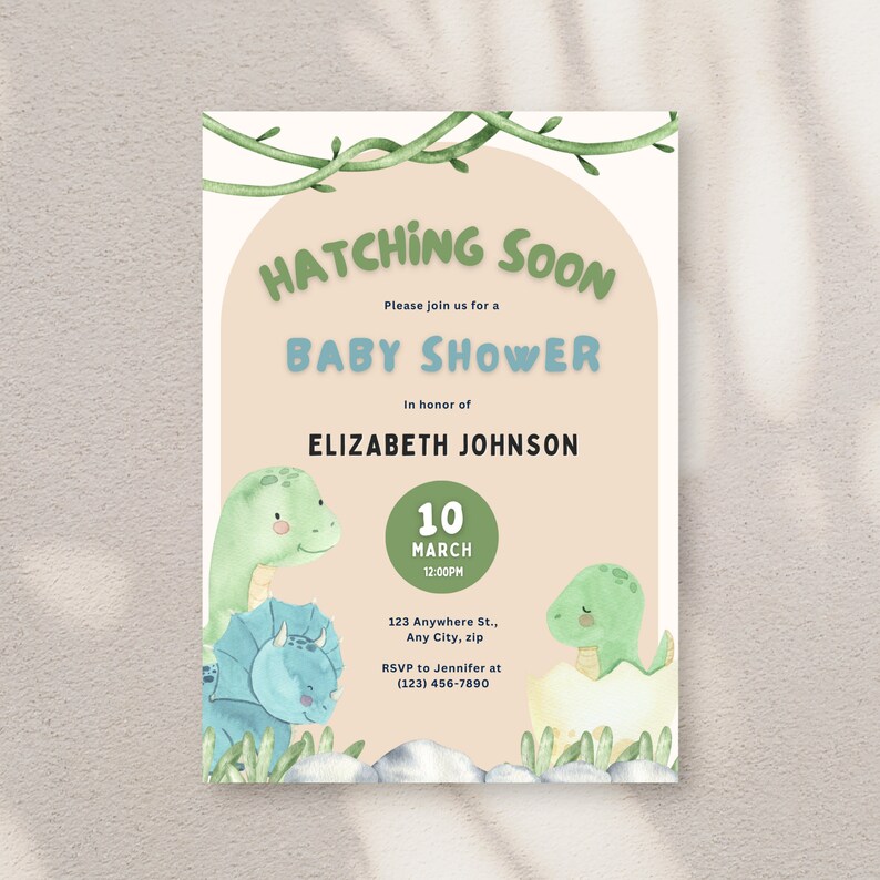 Dinosaur Baby Shower Invitation Hatching Soon, Baby Dinosaur Theme ...