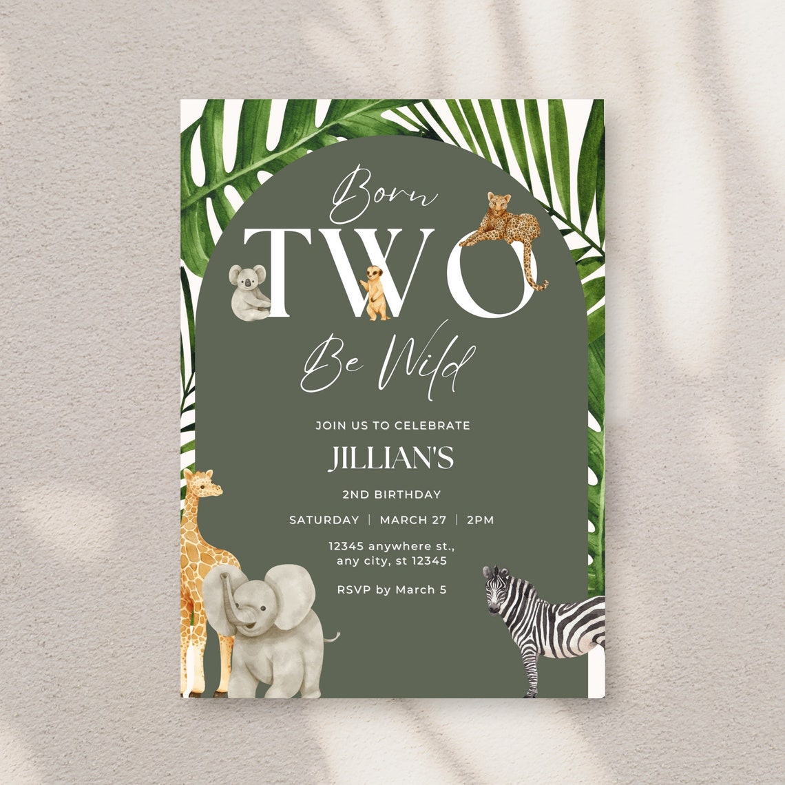 2nd Birthday Invitation Turning TWO Jungle Palm Safari Animal Zoo, Born Two Be Wild, Canva ...