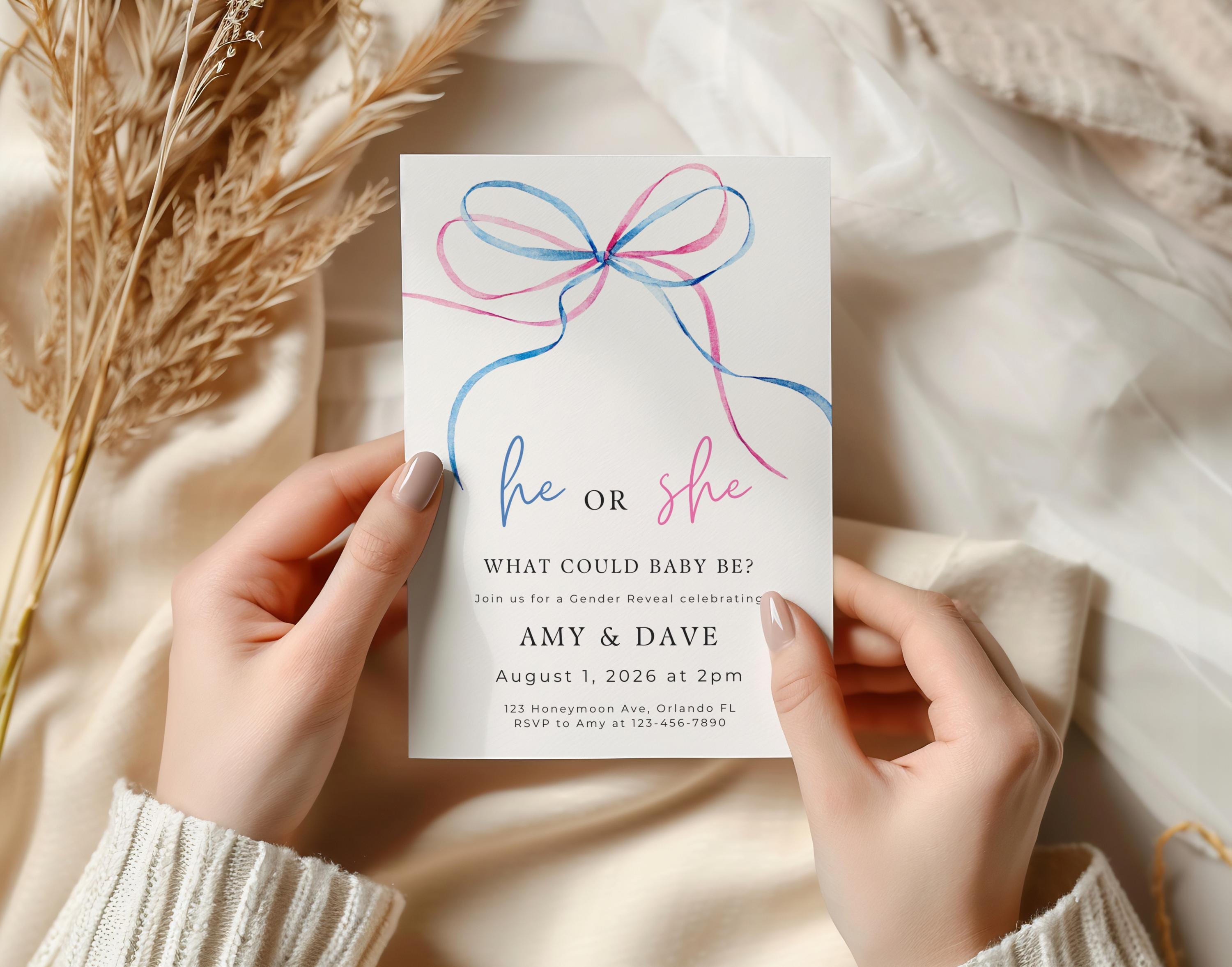 Editable Bow Gender Reveal Invitation Template,he or She Invitation ...