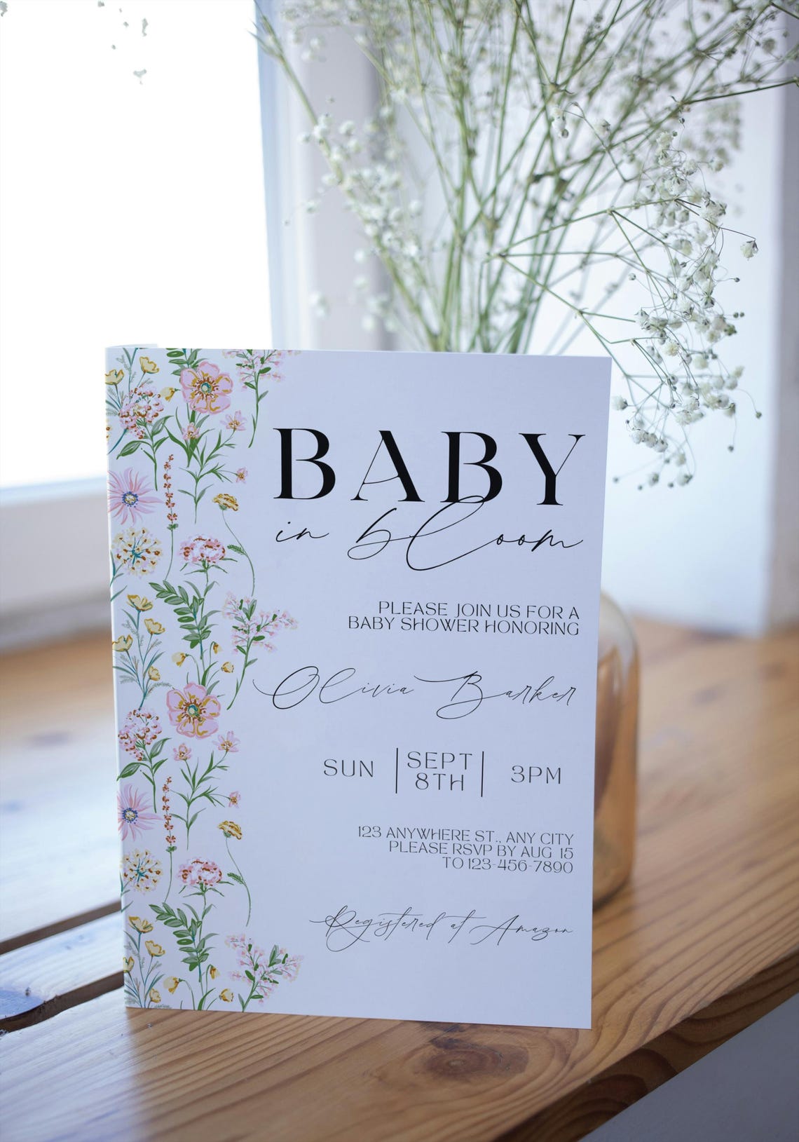 Editable Baby in Bloom Invitation,wildflowers Baby Shower Invitation,pink Flower Invite ...