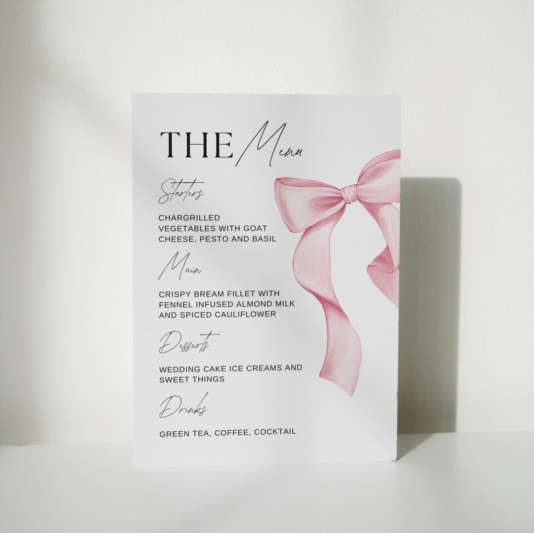 Editable Pink Ribbon Bow Menu Template,wedding/bridal Shower Menu ...