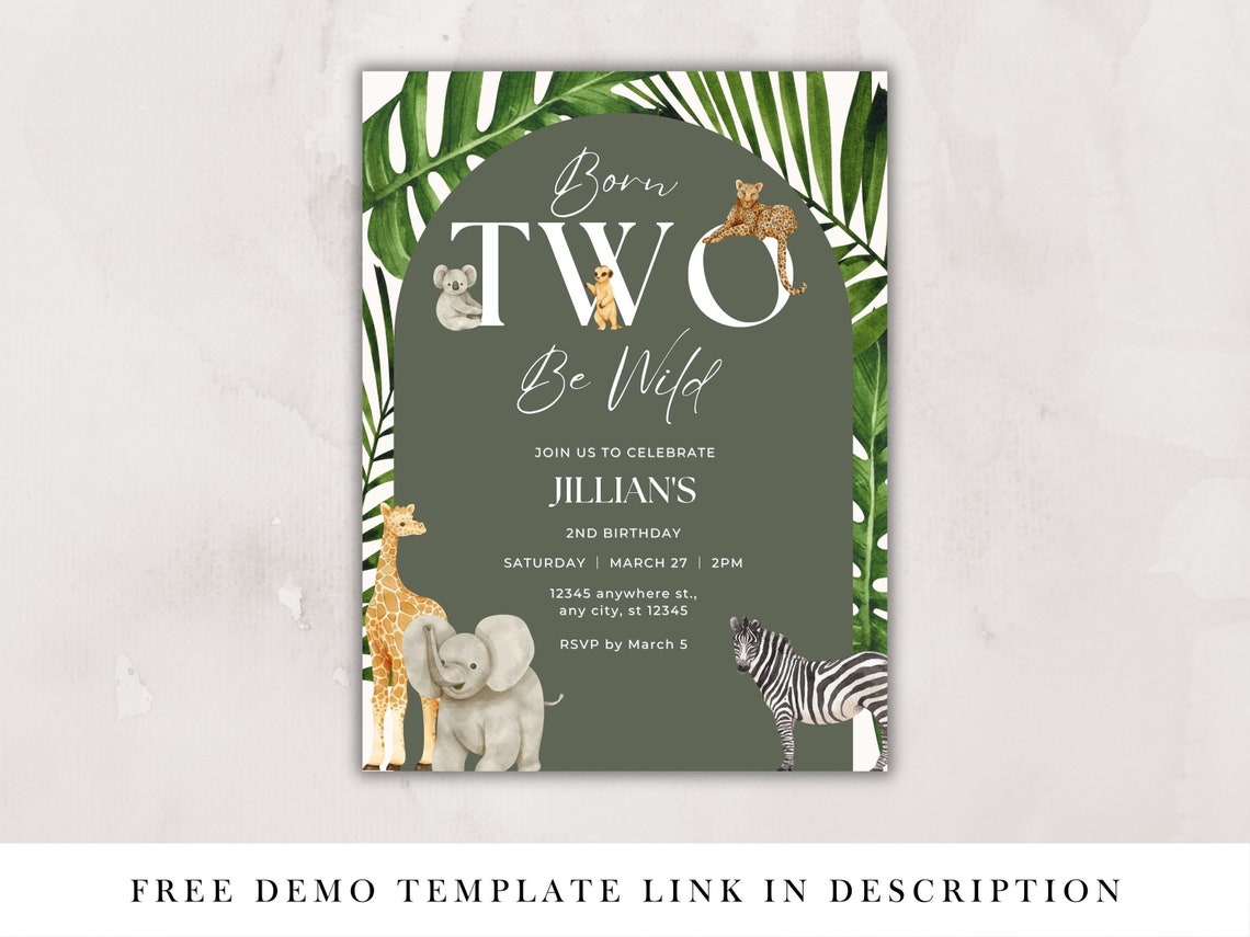 2nd Birthday Invitation Turning TWO Jungle Palm Safari Animal Zoo, Born ...