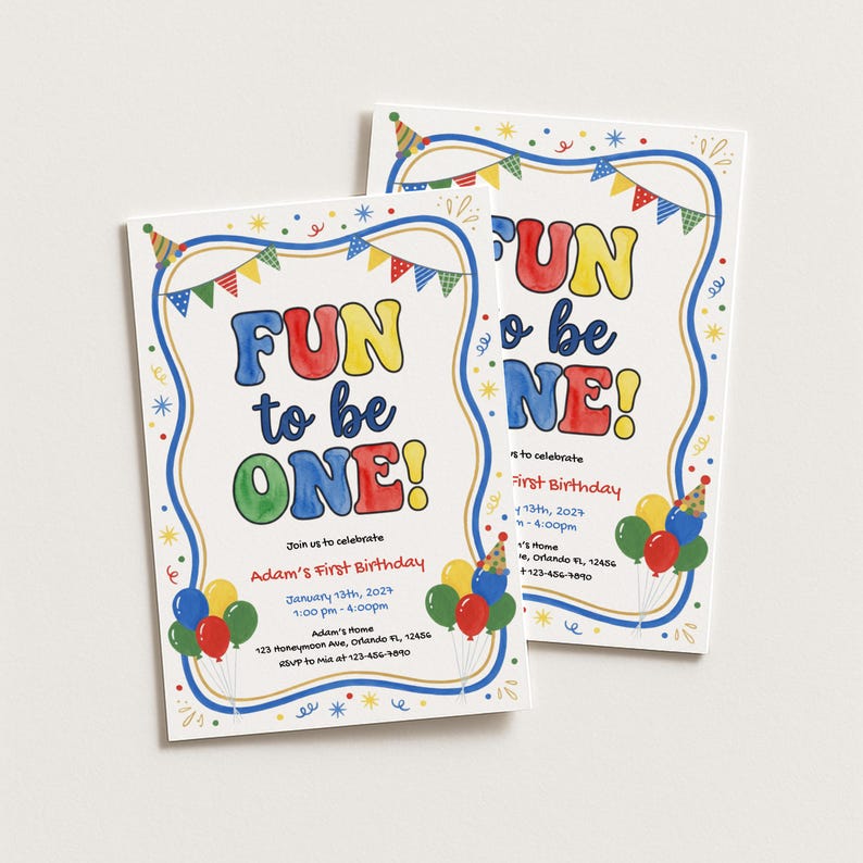 Fun to Be One 1st Birthday Invitation Template, Colorful Watercolor ...