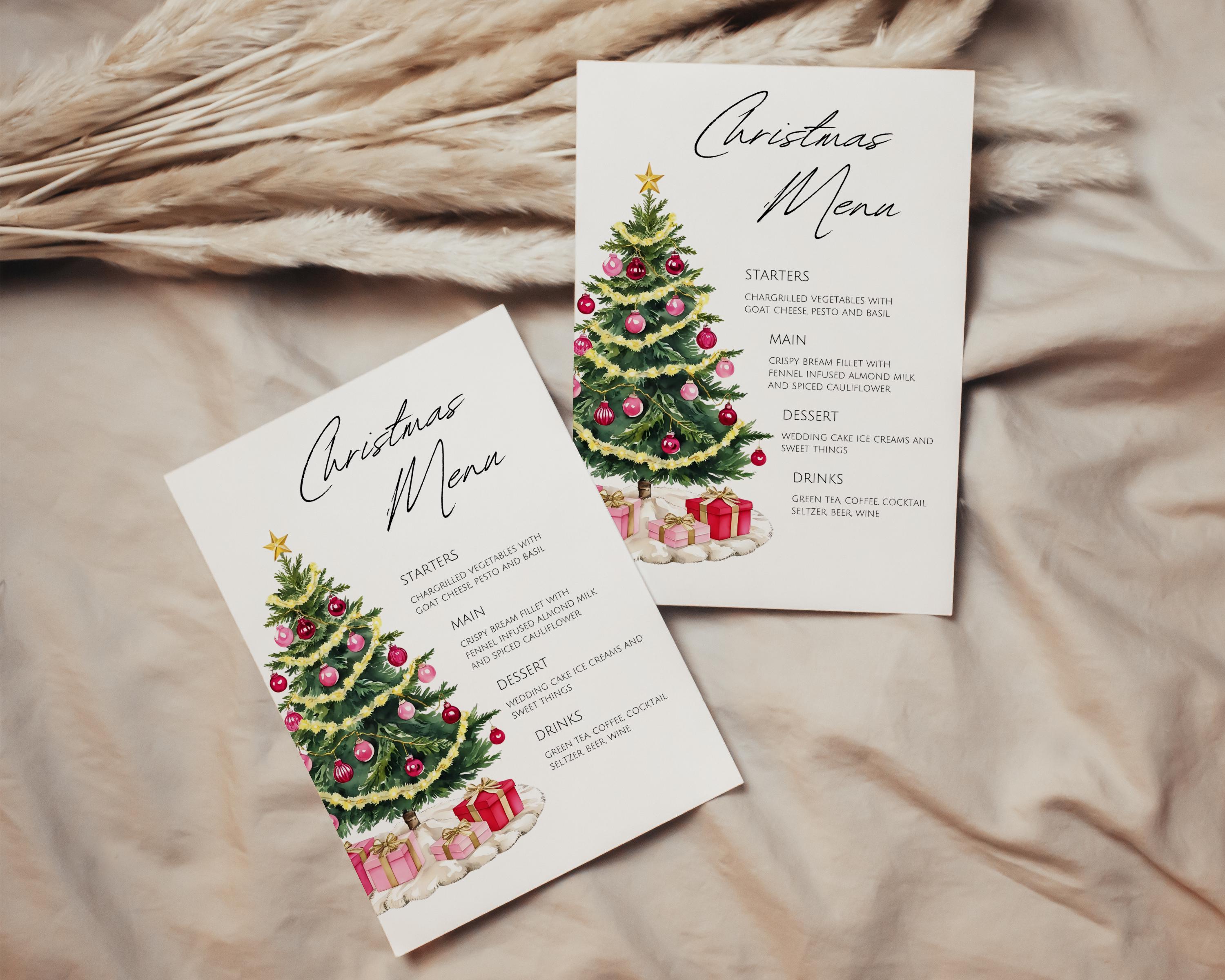 Editable Pink Christmas Dinner Menu Template,vintage Christmas Tree ...